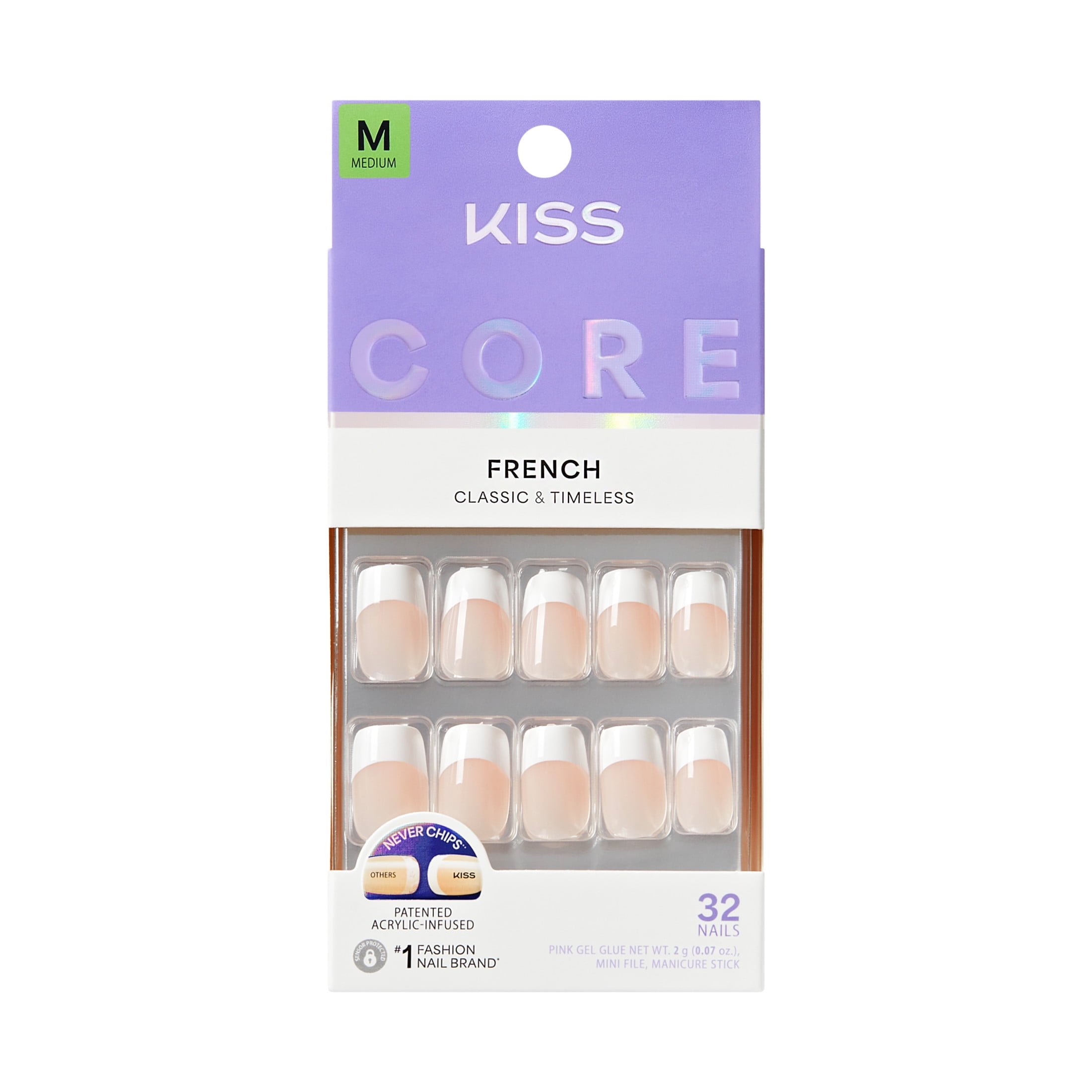 KISS CORE French Tip Press On Nails, ‘Hopeful’, White, Medium Squoval ...