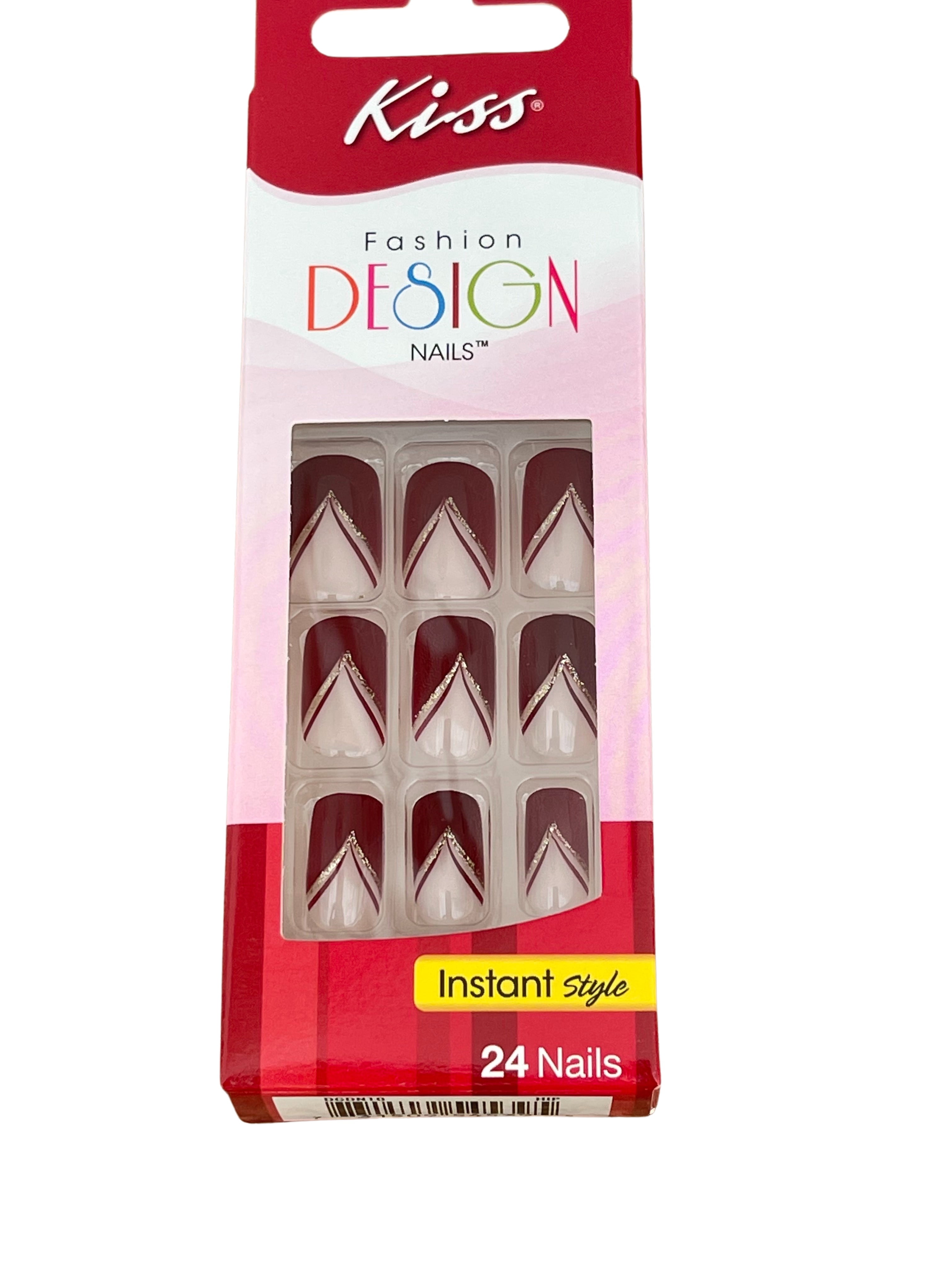 KISS Fashion Design Nails, Medium Length, Burgundy & Gold Design, Easy ...