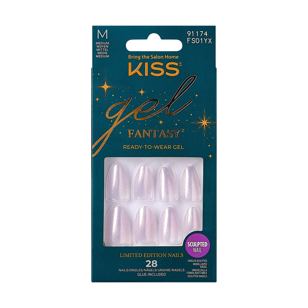 Kiss Gel Fantasy Sculpted Holiday Press On Nails Tinsel Solid Pink Medium Coffin 28 Ct