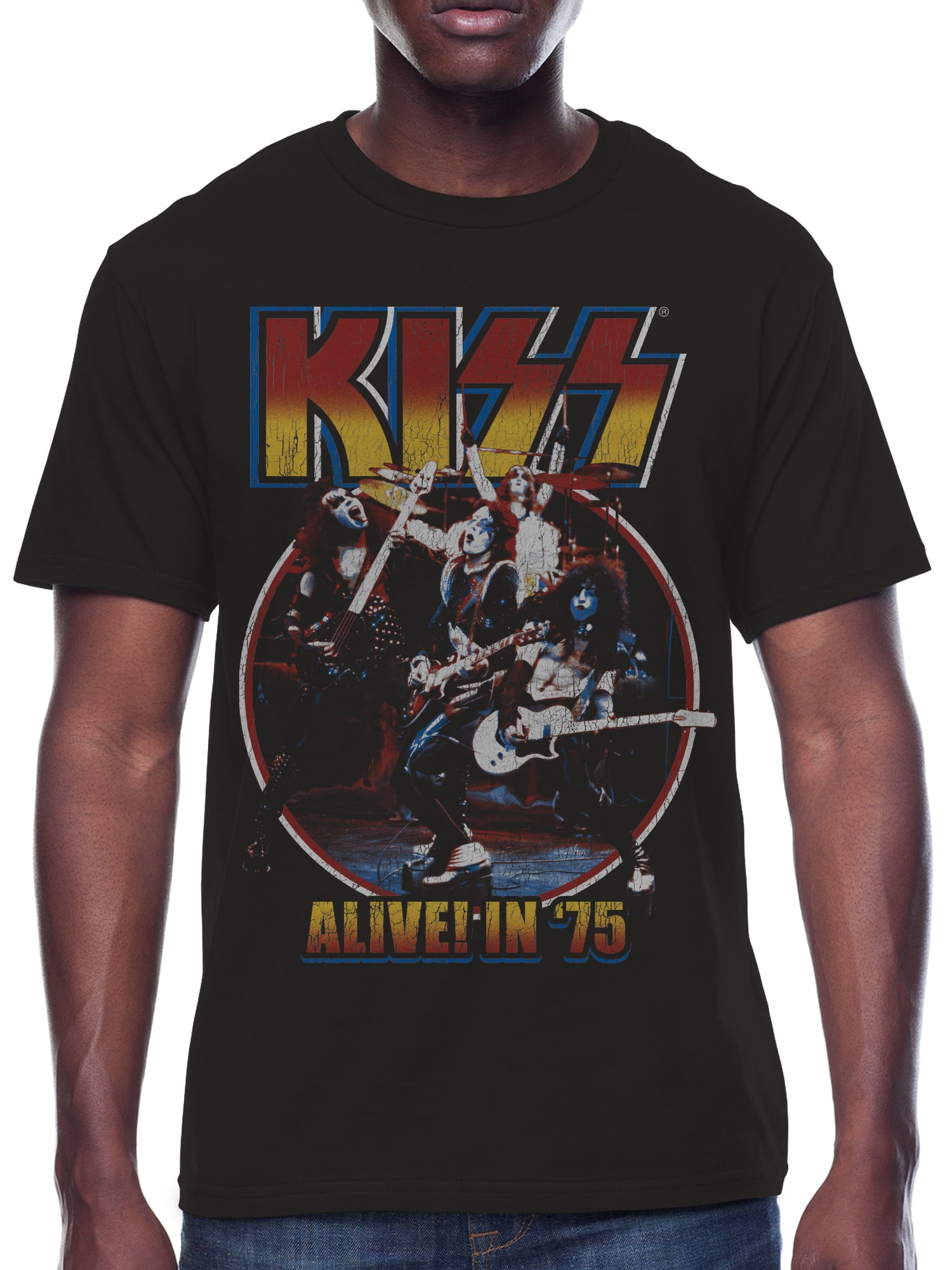 KISS, Men's & Big Men's Graphic Crew Neck T-Shirt, Alive In 75, Sizes S ...