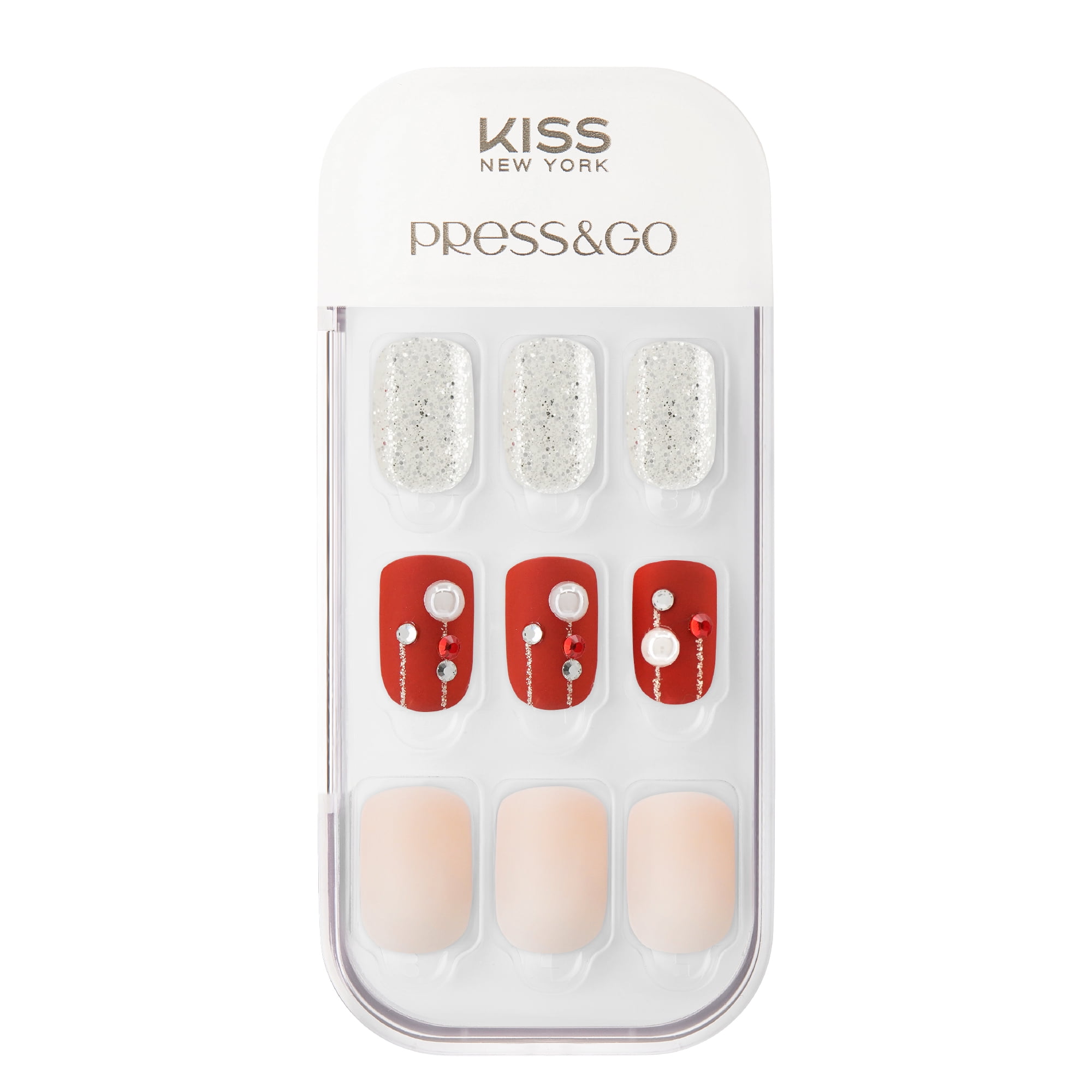 KISS NEW YORK Press&Go Press-On Manicure Fake Nails, Matte Red Cream ...