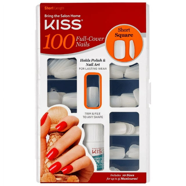 KISS Salon Acrylic Natural Nails - 100 Piece Short Square Kit, Easy to ...