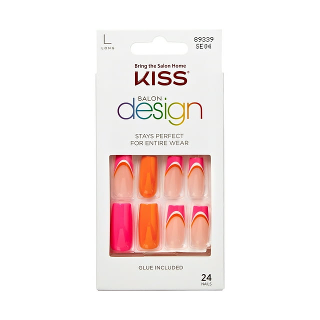 Kiss Salon Design Medium Coffin Glue On Nails Glossy Dark Pink We Go
