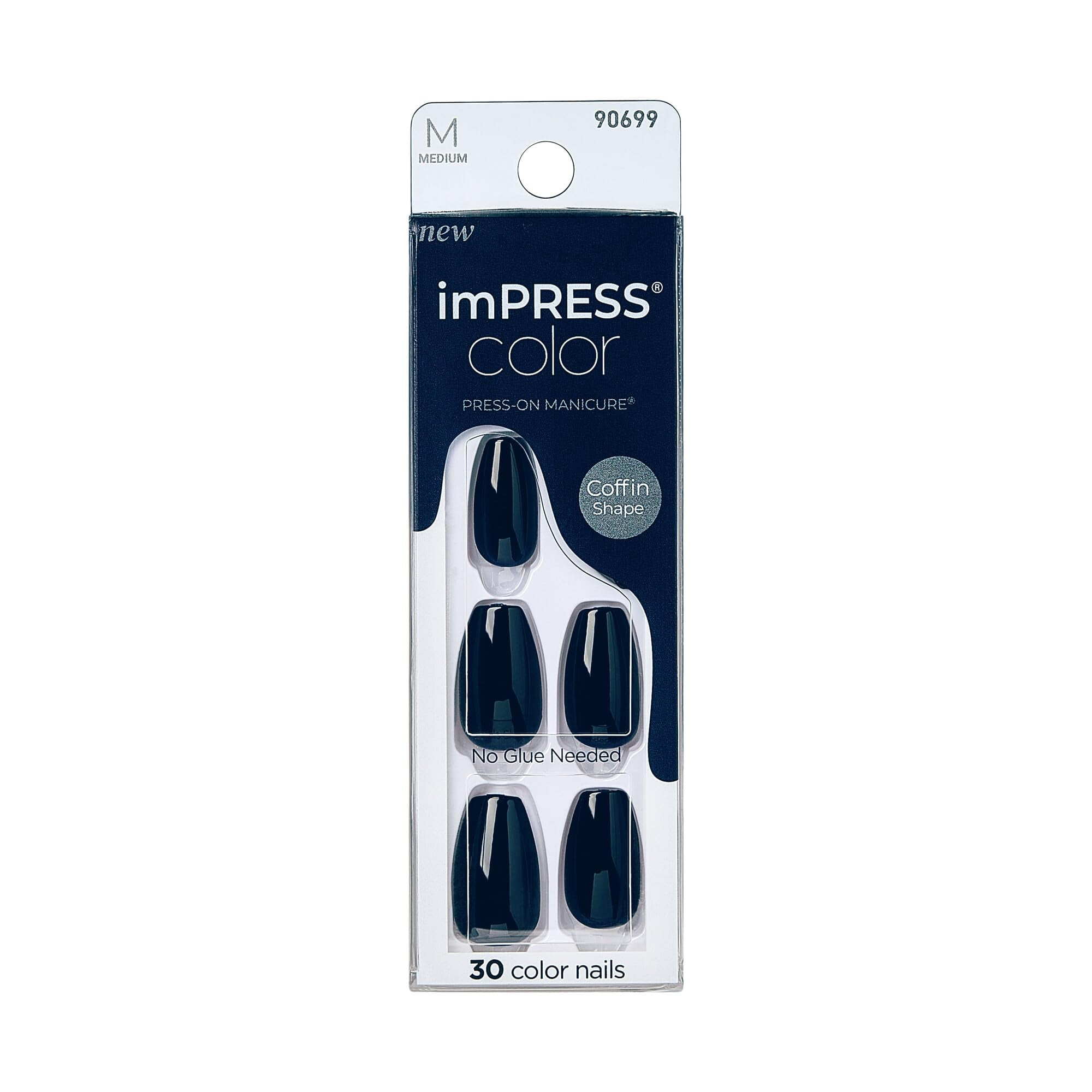 KISS imPRESS Color No Glue Mani 30 Pcs Press On Nails, Navy, Dark Blue, Medium Size, Coffin ...