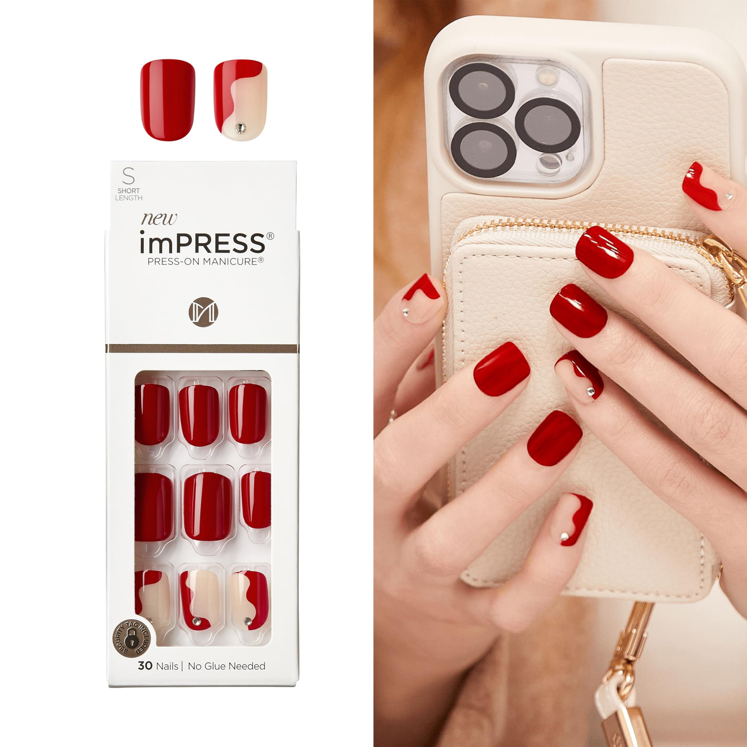KISS imPRESS No Glue Mani Press On Nails, Design, 'Adore You', Red, Short Size, Squoval Shape ...