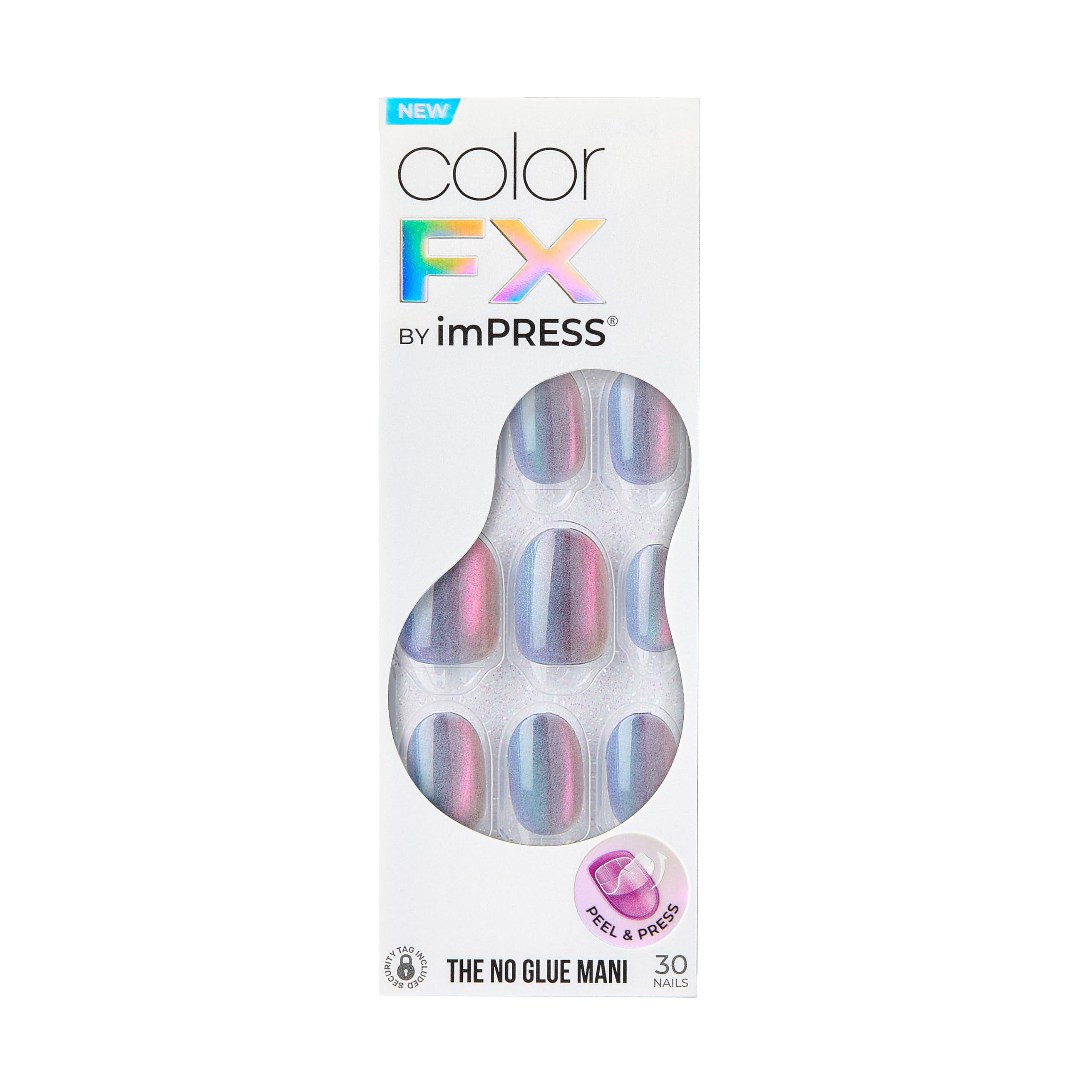 KISS imPRESS No Glue Mani Press-On Nails, Color FX, 'Fly Up', Silver, Short Size, Oval Shape ...