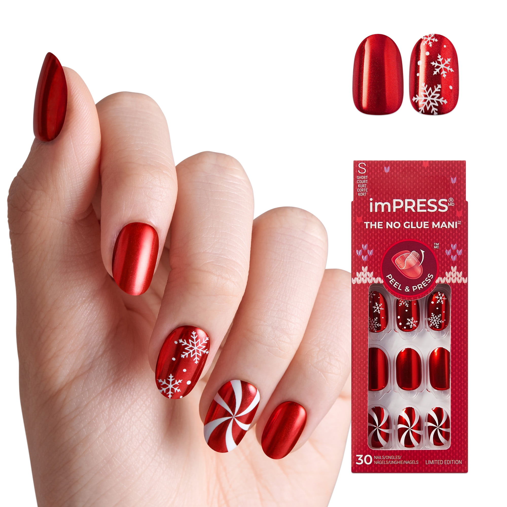 KISS imPRESS Holiday Press On Nails, ‘Merry n Bright’, Red, Short Oval ...