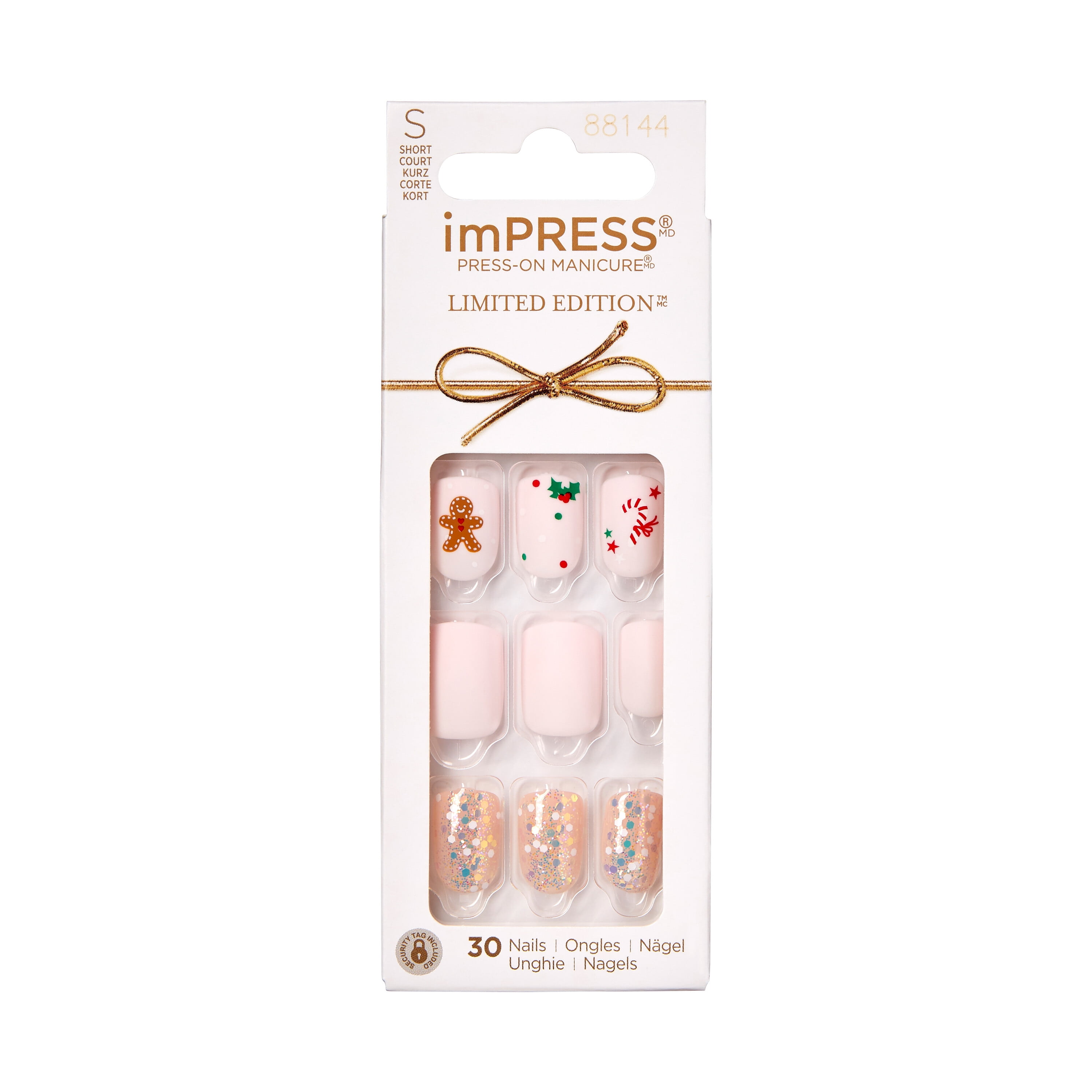KISS imPRESS Holiday Short Square Press-On Nails, Festive Pink, 30 ...