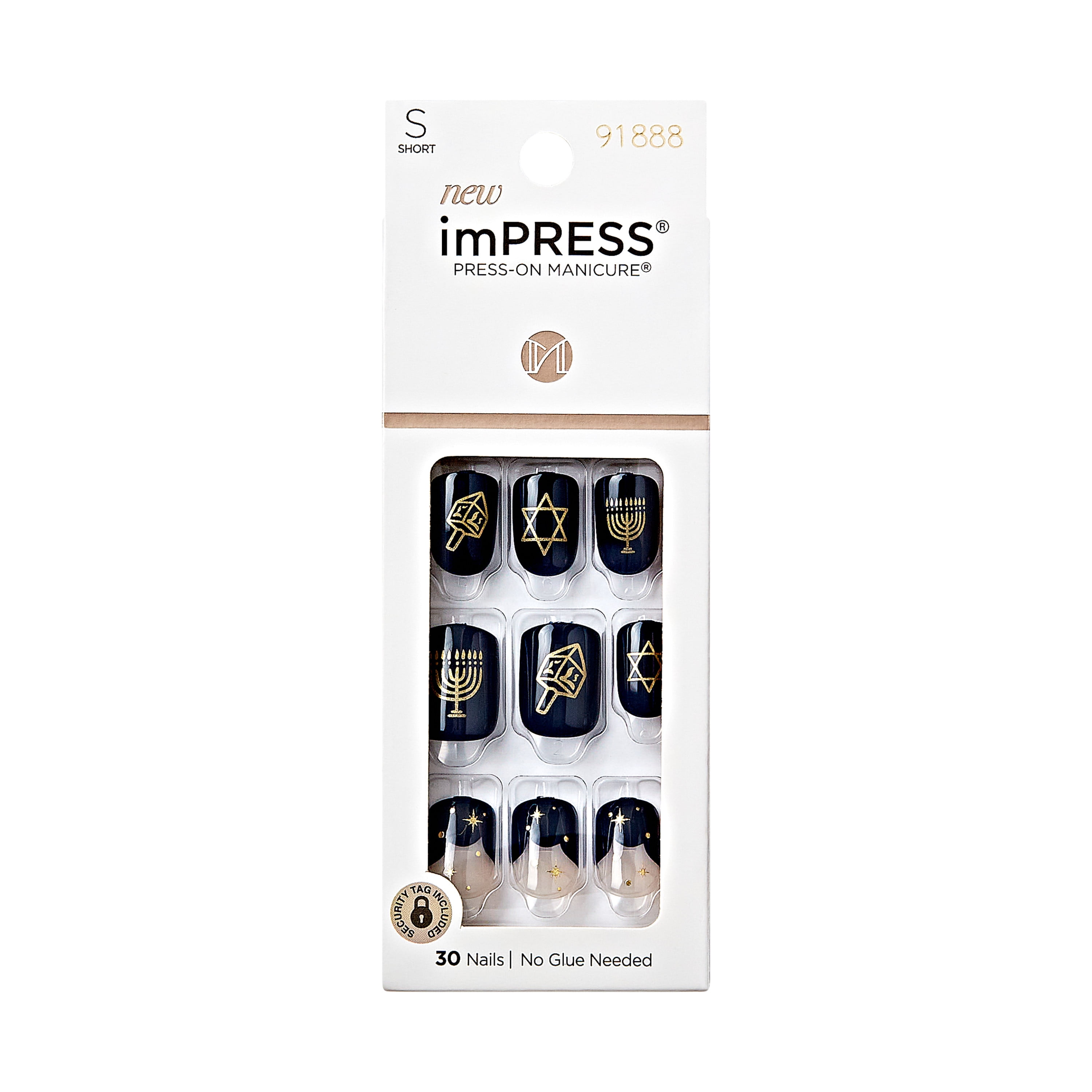 Impress Hanukkah Press On Nails, No Glue Needed, Glossy Blue, Short ...