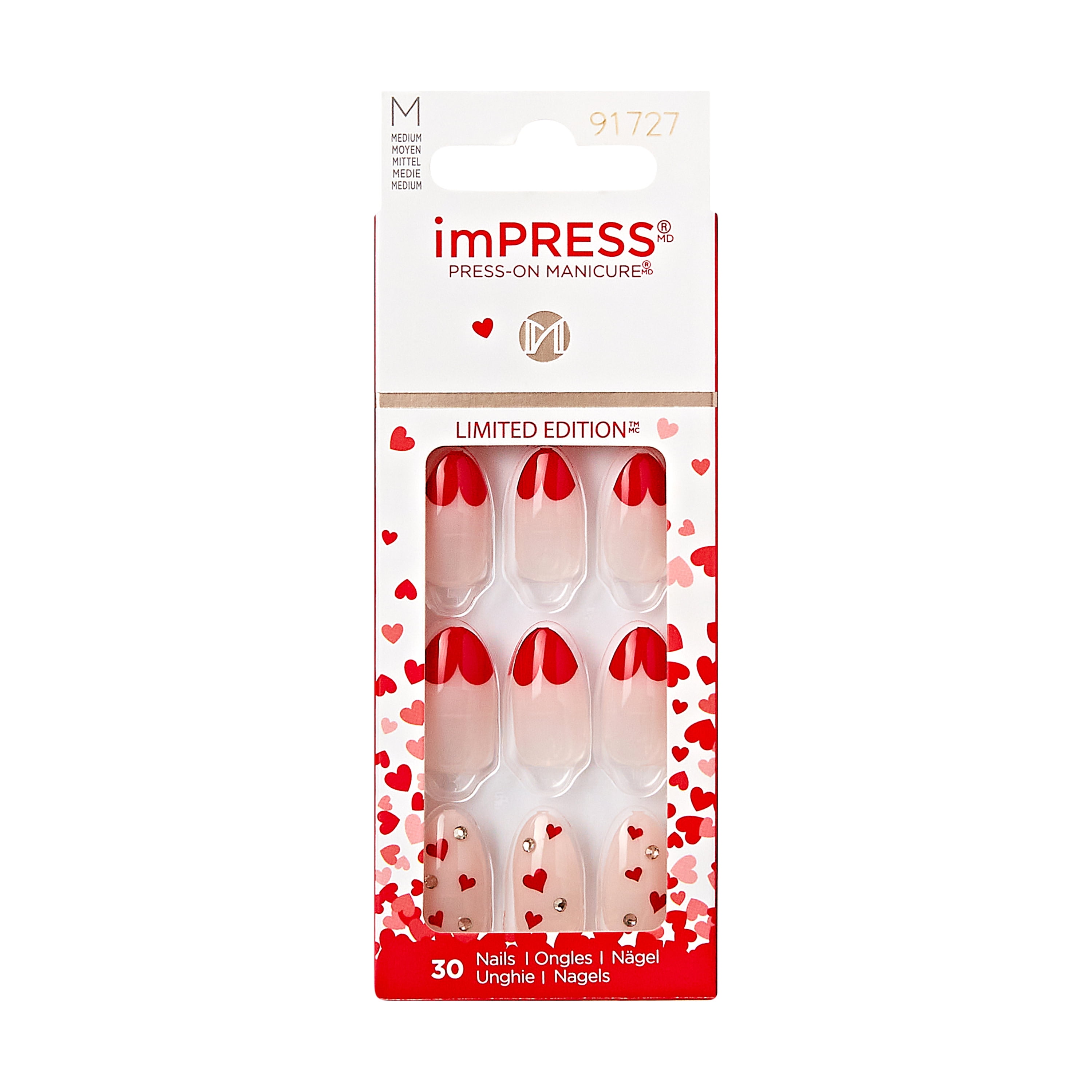 imPRESS Valentine Press-On Nails, No Glue Needed, Red, Medium Almond ...