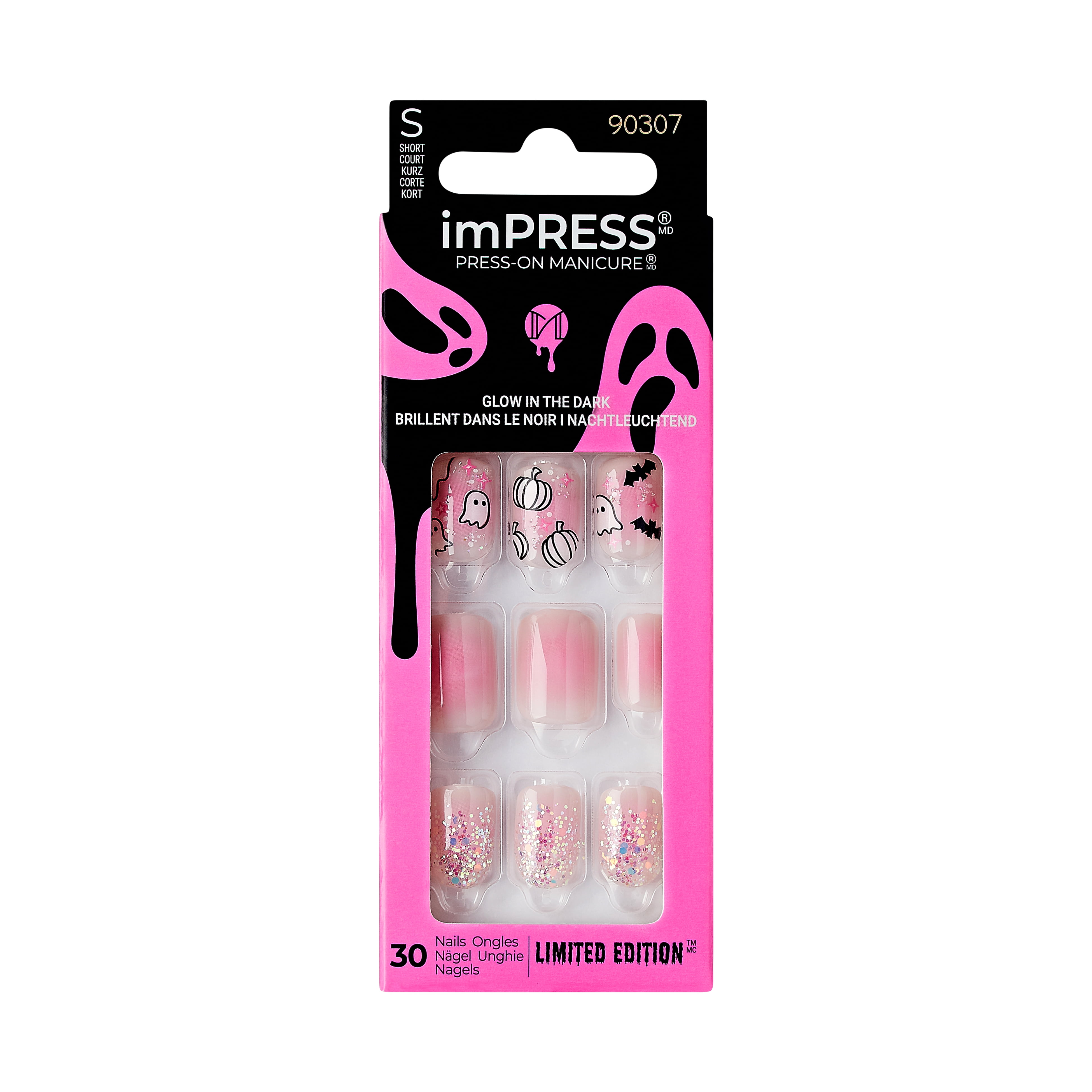 KISS imPRESS Press-On Manicure Halloween, Pink, Short Length, 'Bad Bone ...