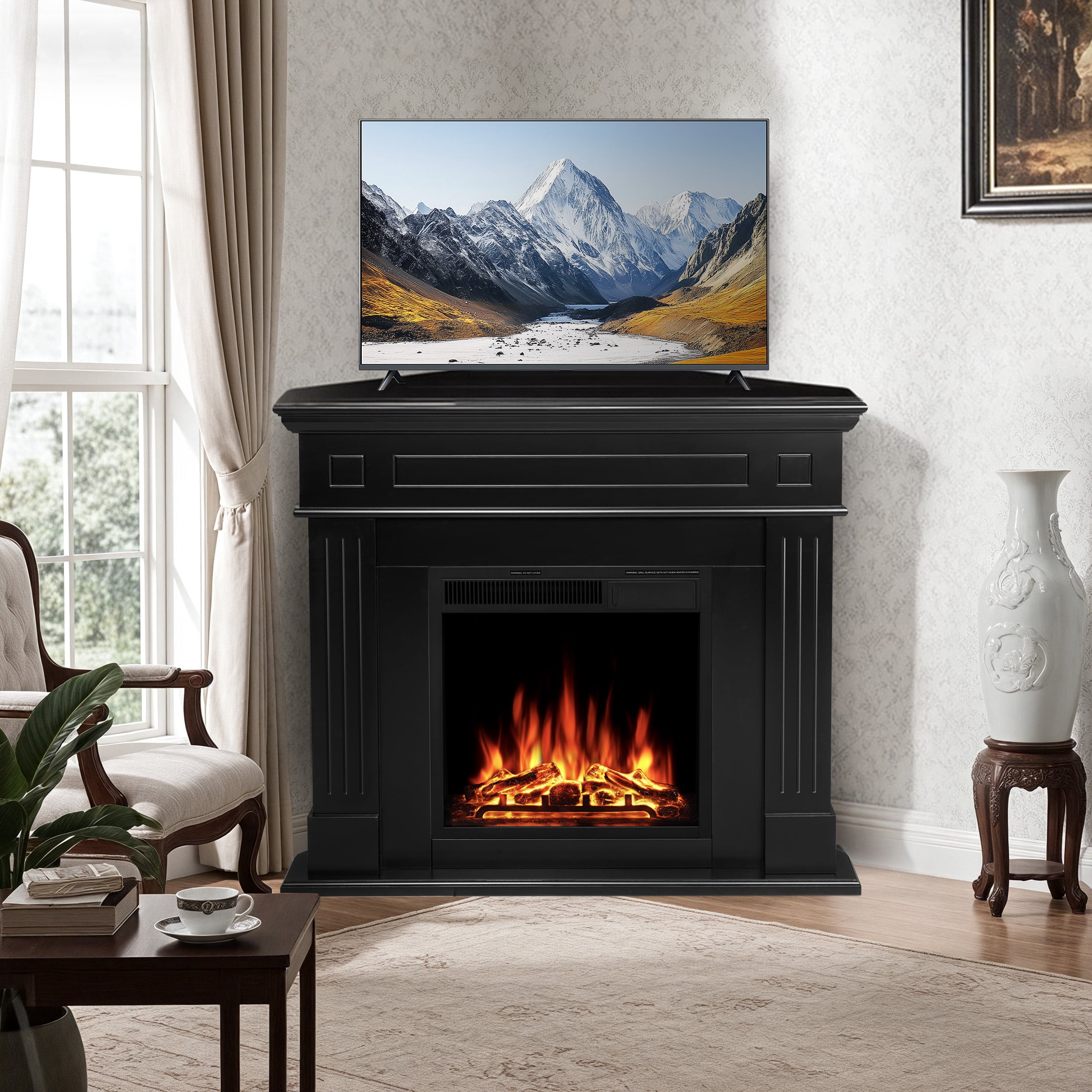 Auseo Rustic Indoor Electric Fireplace with Wooden Mantel, LED Flame ...