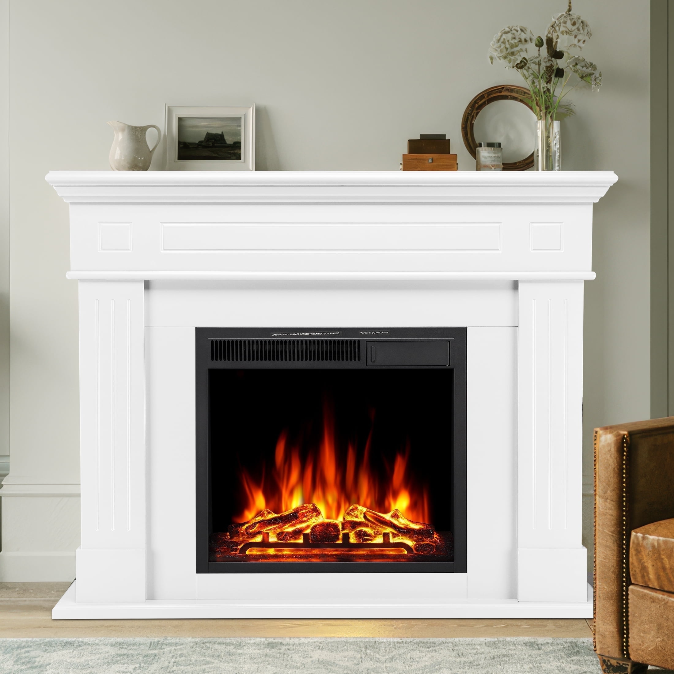 Auseo Indoor Electric Fireplace with Wooden Mantel, Adjustable LED ...