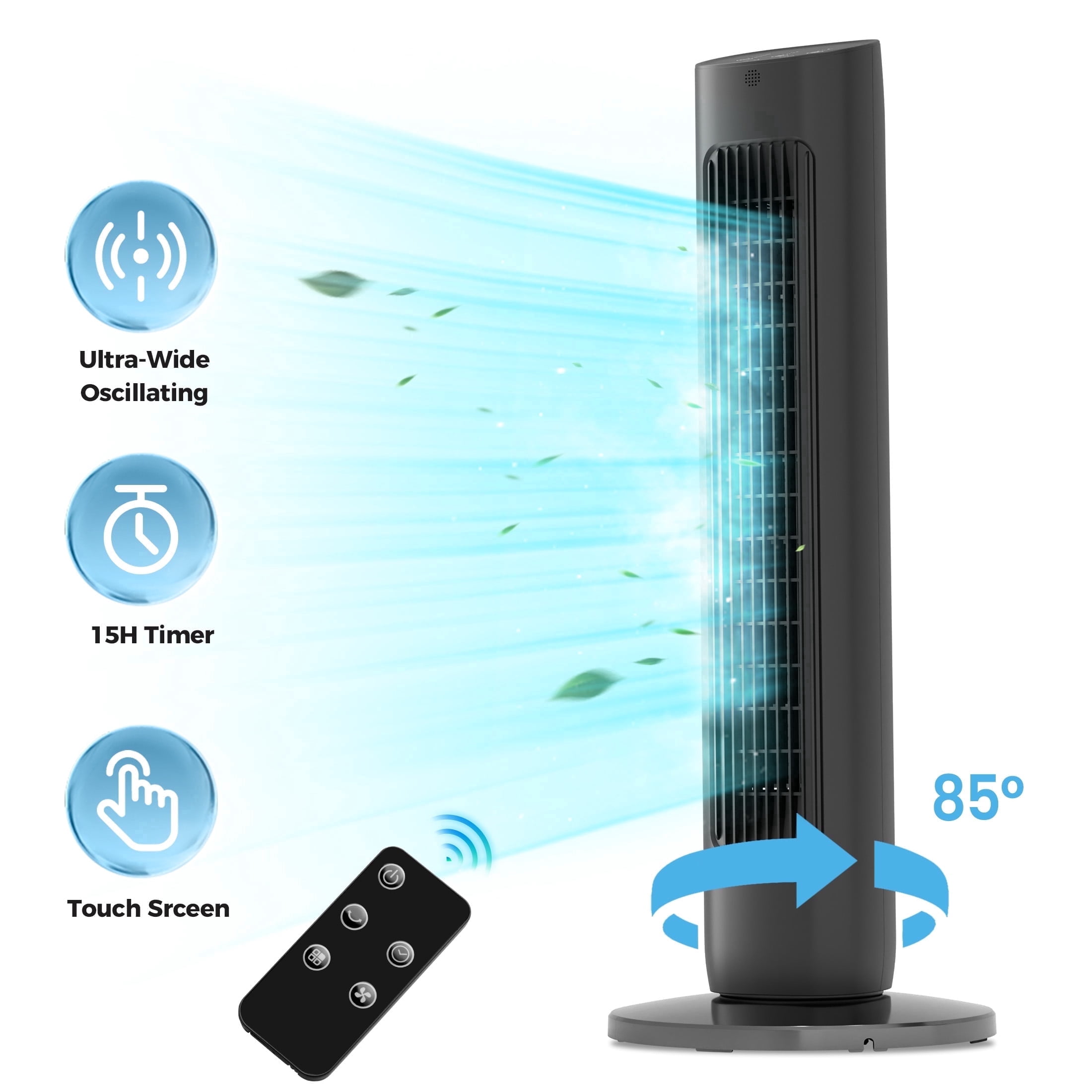 "Auseo 30"" Tower Fan with 3 Speeds, 15H Timer, 85° Oscillation, 3 ...