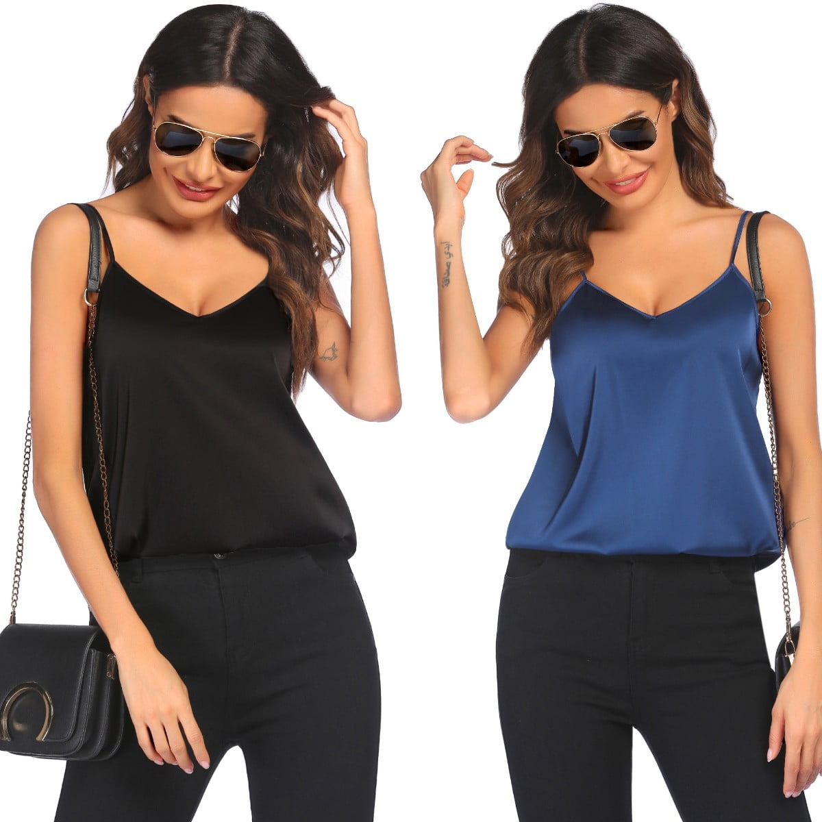 KISSGAL Women's Silk Satin Tank Top 2 pack Camisole Sexy V Neck Loose Spaghetti Strap Vest Cami ...