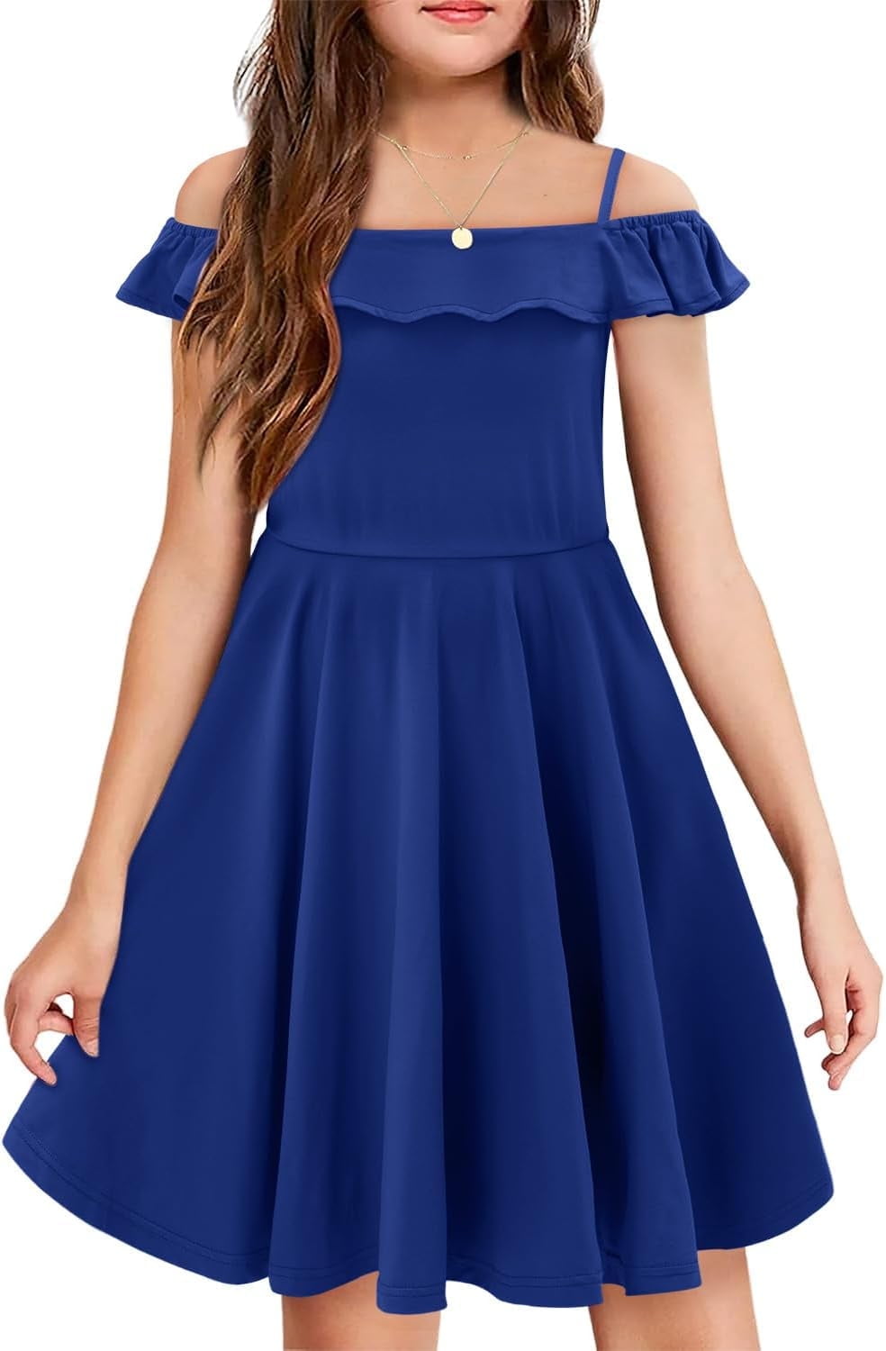 KISSMODA Girls Dress Casual Round Neck A Line Ruffle Sleeve Knee Length ...