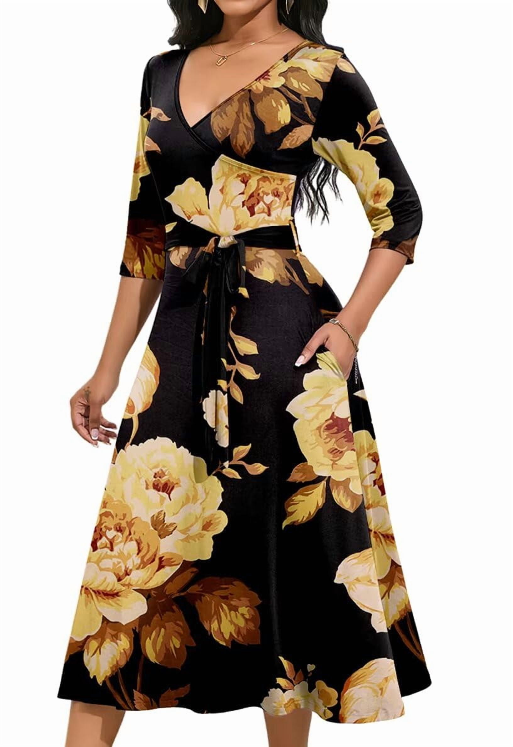 KISSMODA Midi Dresses for Women Casual 3/4 Sleeve Wrap Dress Plus Size ...