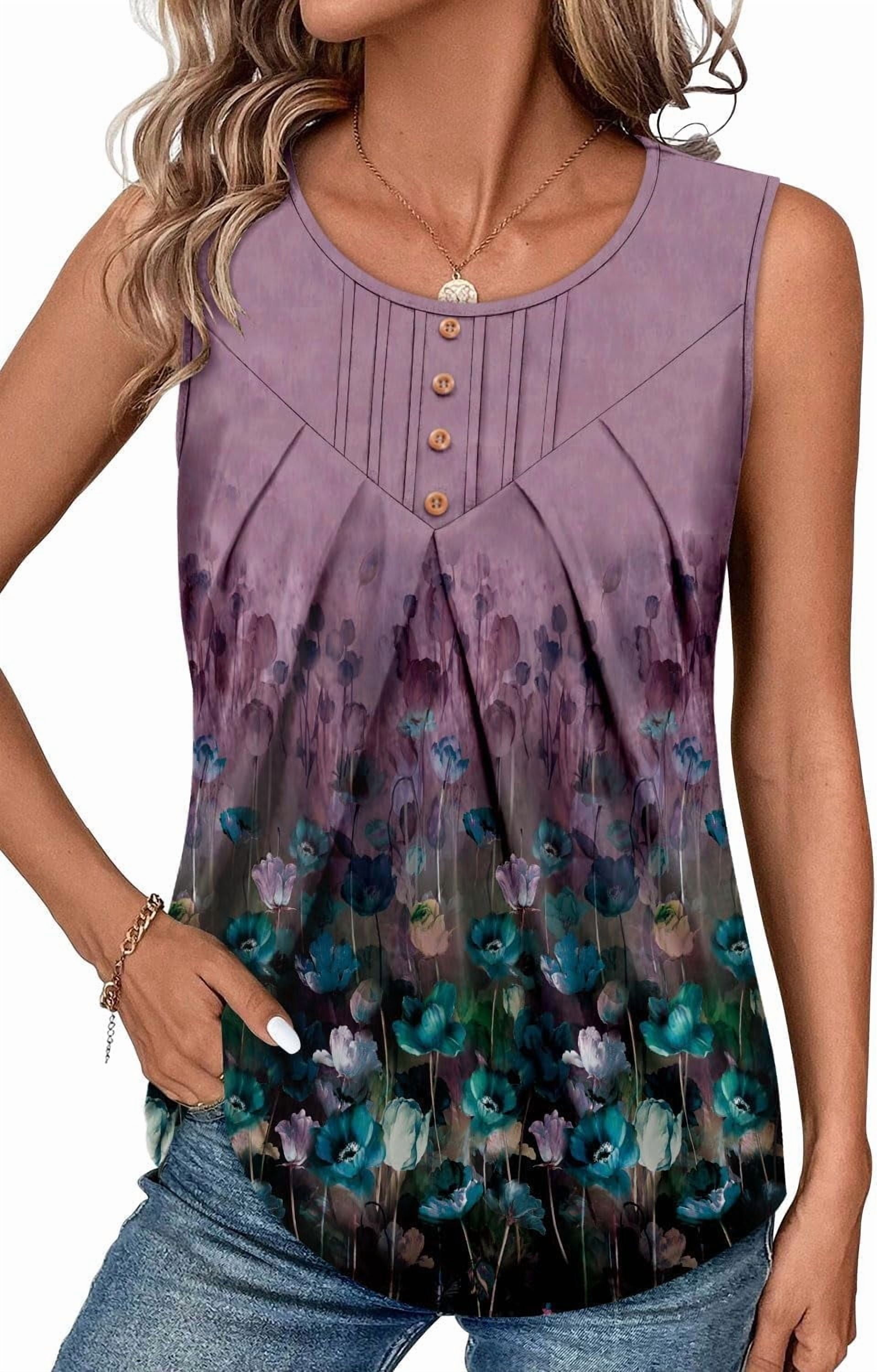 KISSMODA Women Summer Tank Tops Round Neck Sleeeveless Folded Front ...