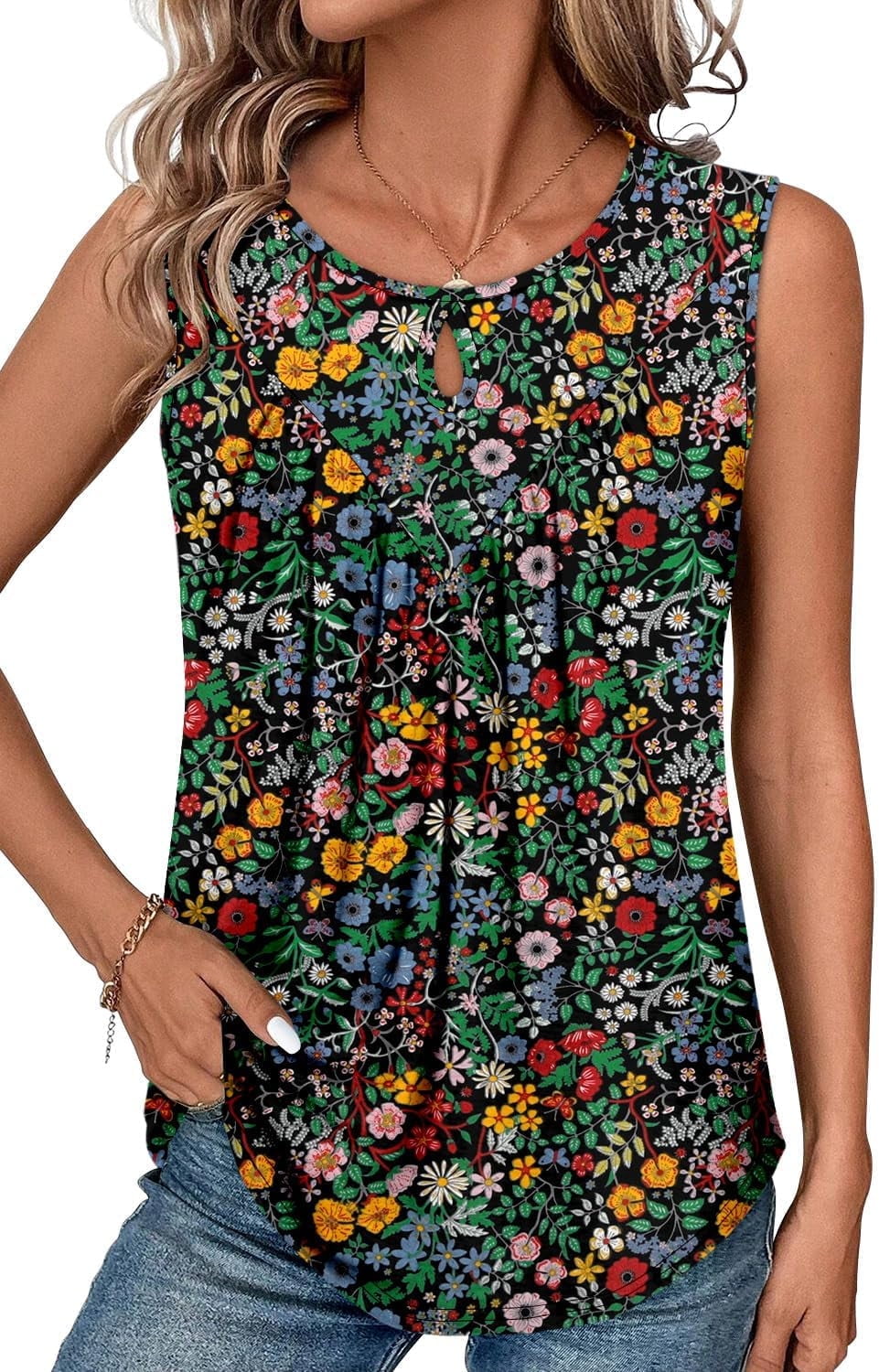 KISSMODA Women Summer Tank Tops Round Neck Sleeeveless Folded Front ...