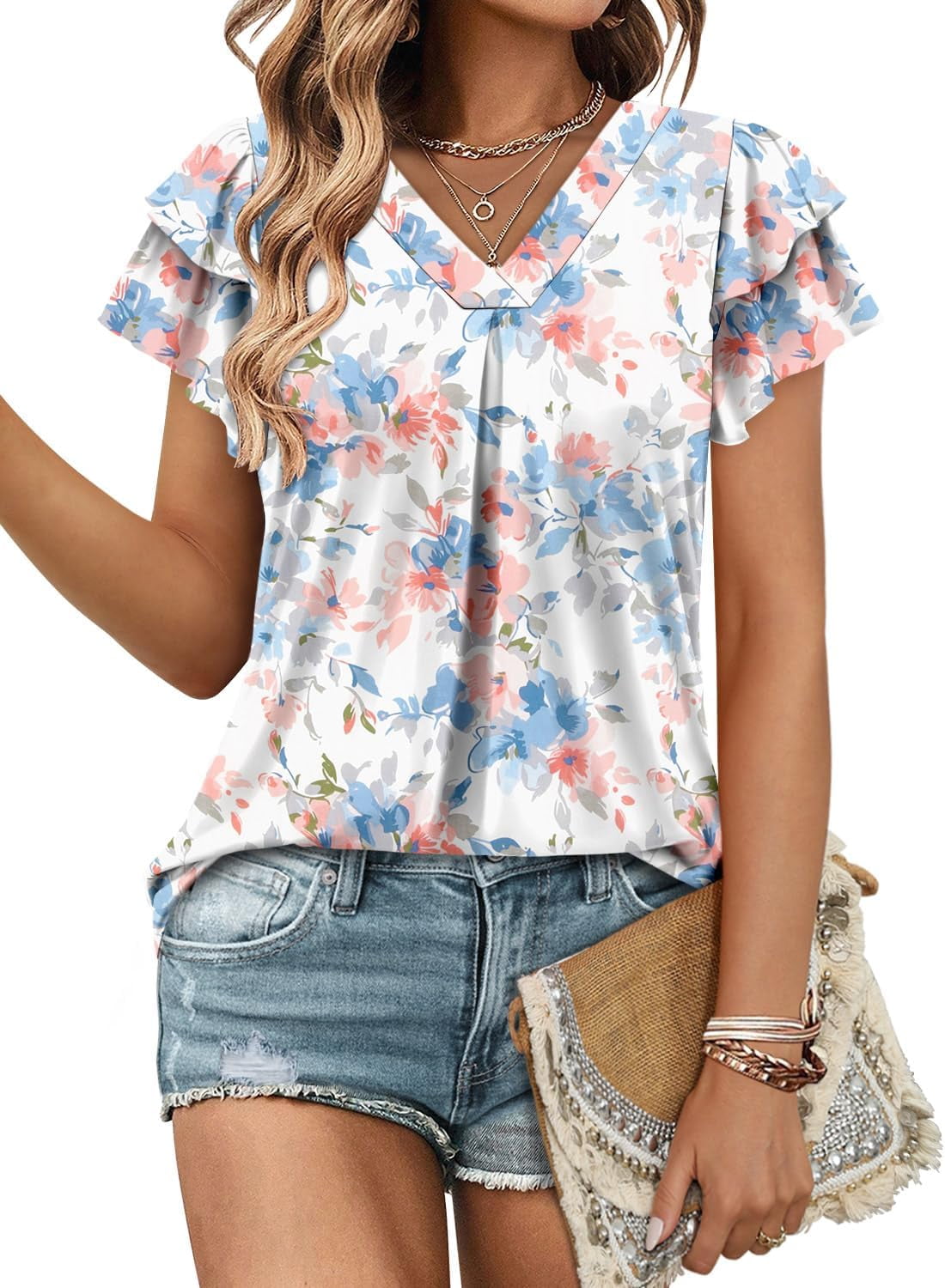 KISSMODA Womens Floral Tunic Top Short Sleeve Shirts Loose Fit Summer ...