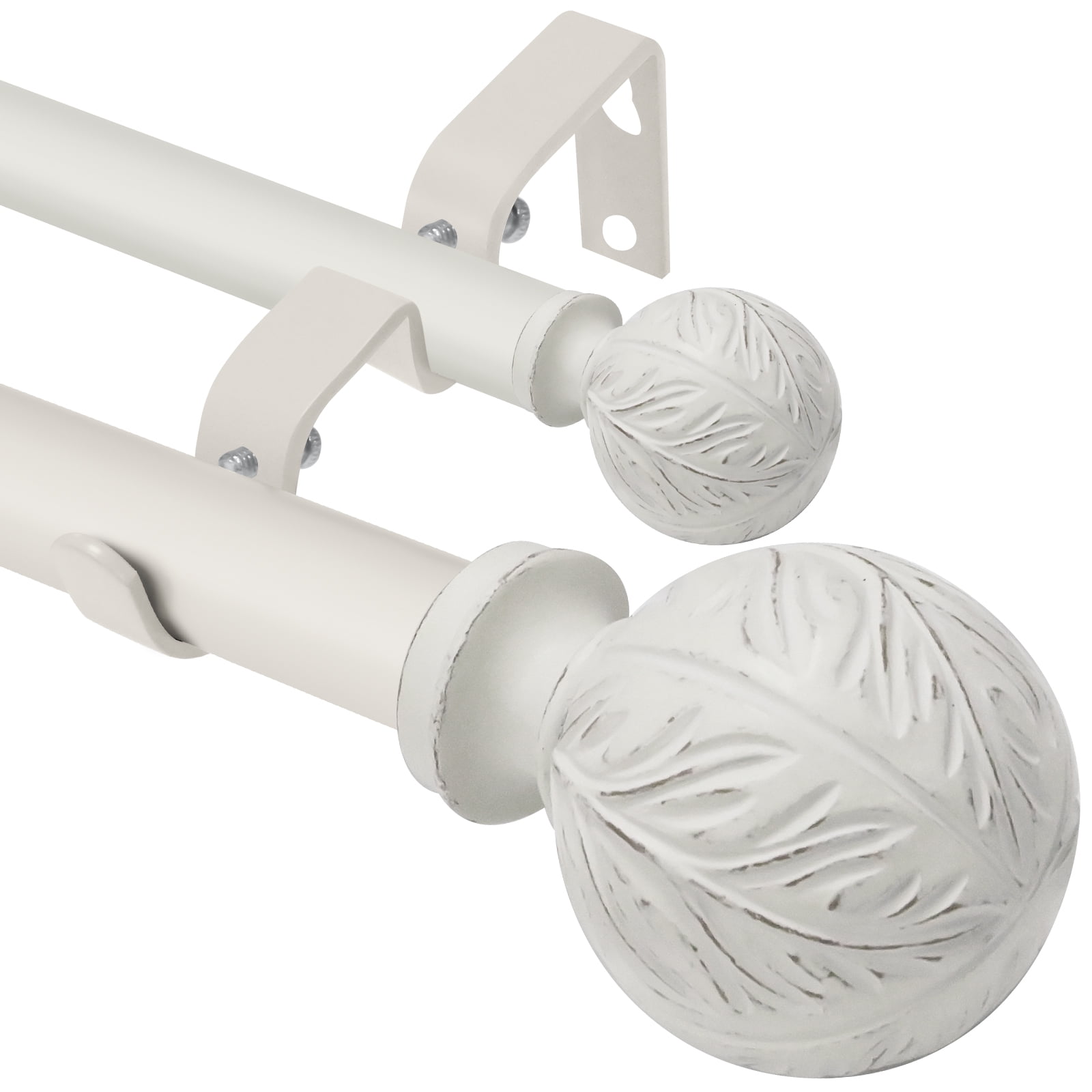 KITBONIS Curtain Rod Set Retro Faux Wood Grain Leaf Carving DBL Curtain ...