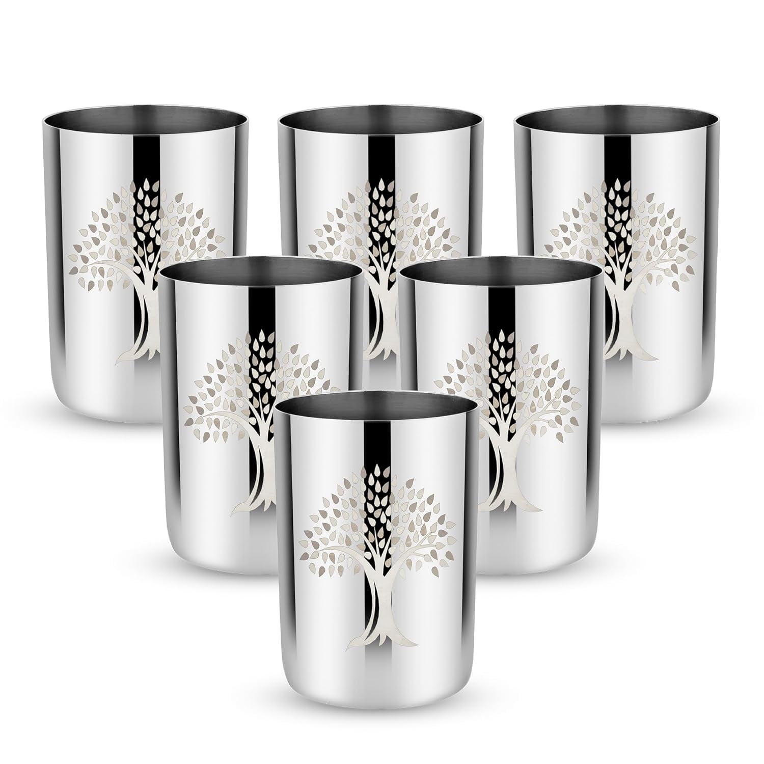 KITCHEN CLUE Stainless Steel Tree Laser Design Drinking Glass Set of 6 ...