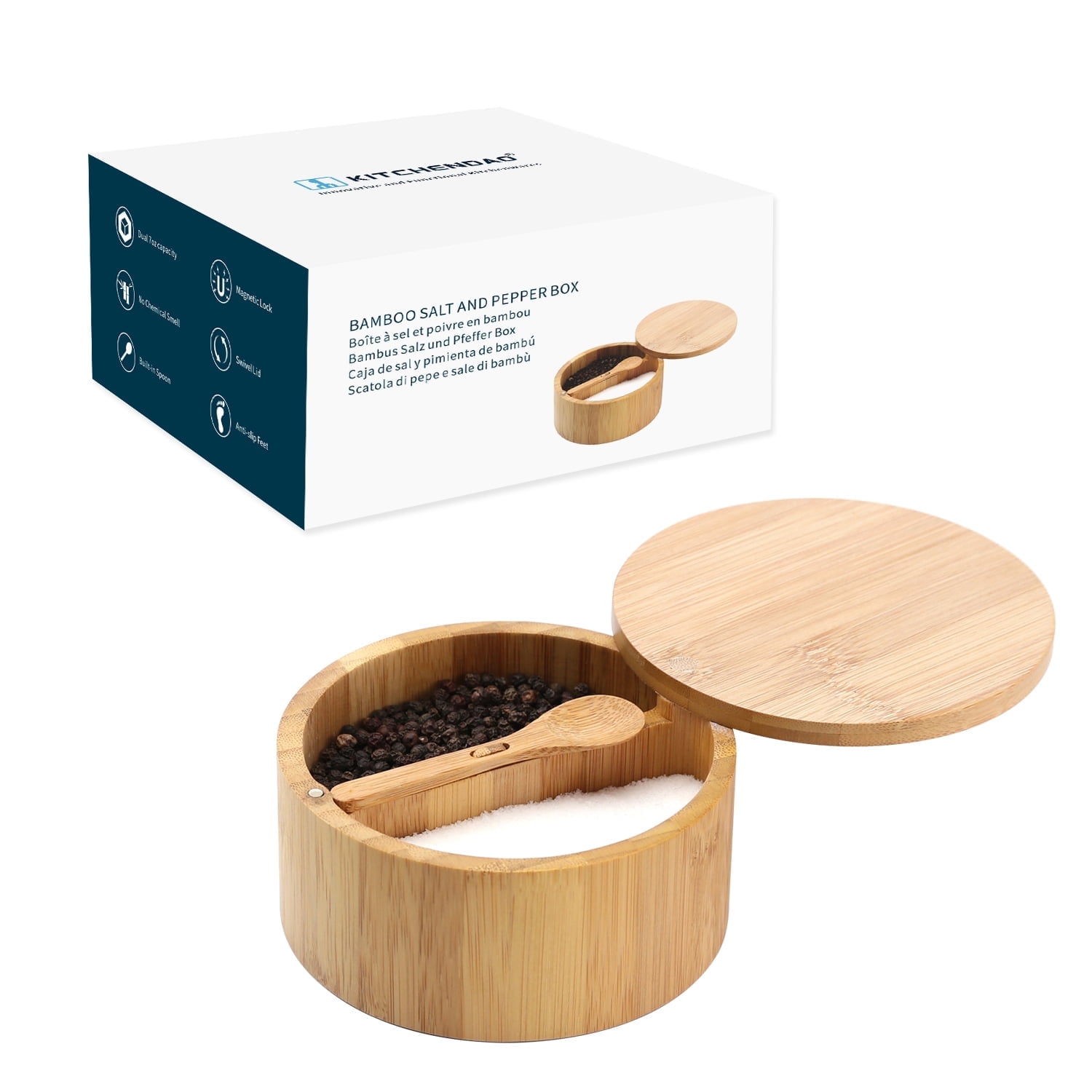 KITCHENDAO Bamboo Salt and Pepper Keeper with Built-in Spoon and Swivel ...