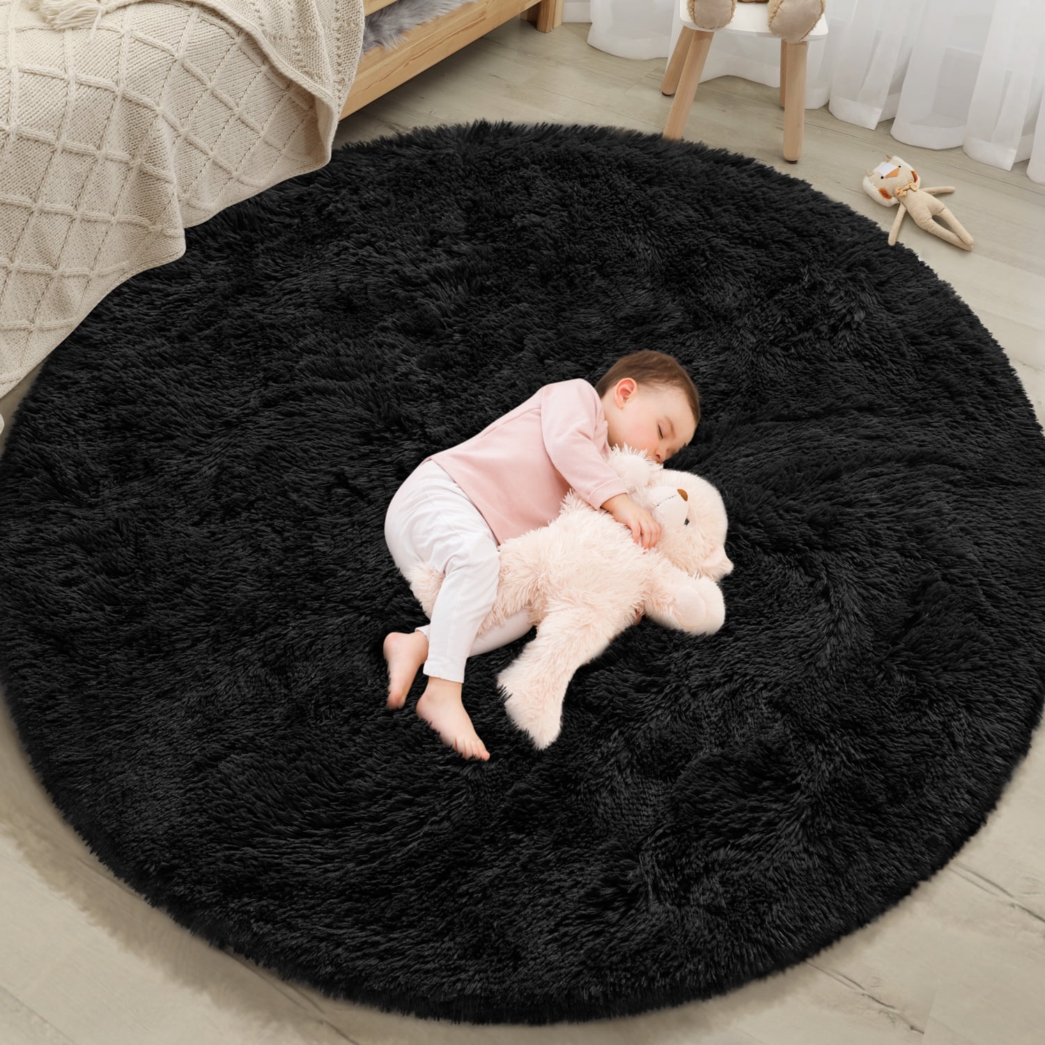 KIXINWA Black Round Rug for Bedroom, Fluffy Circle Rug for Kids Room ...