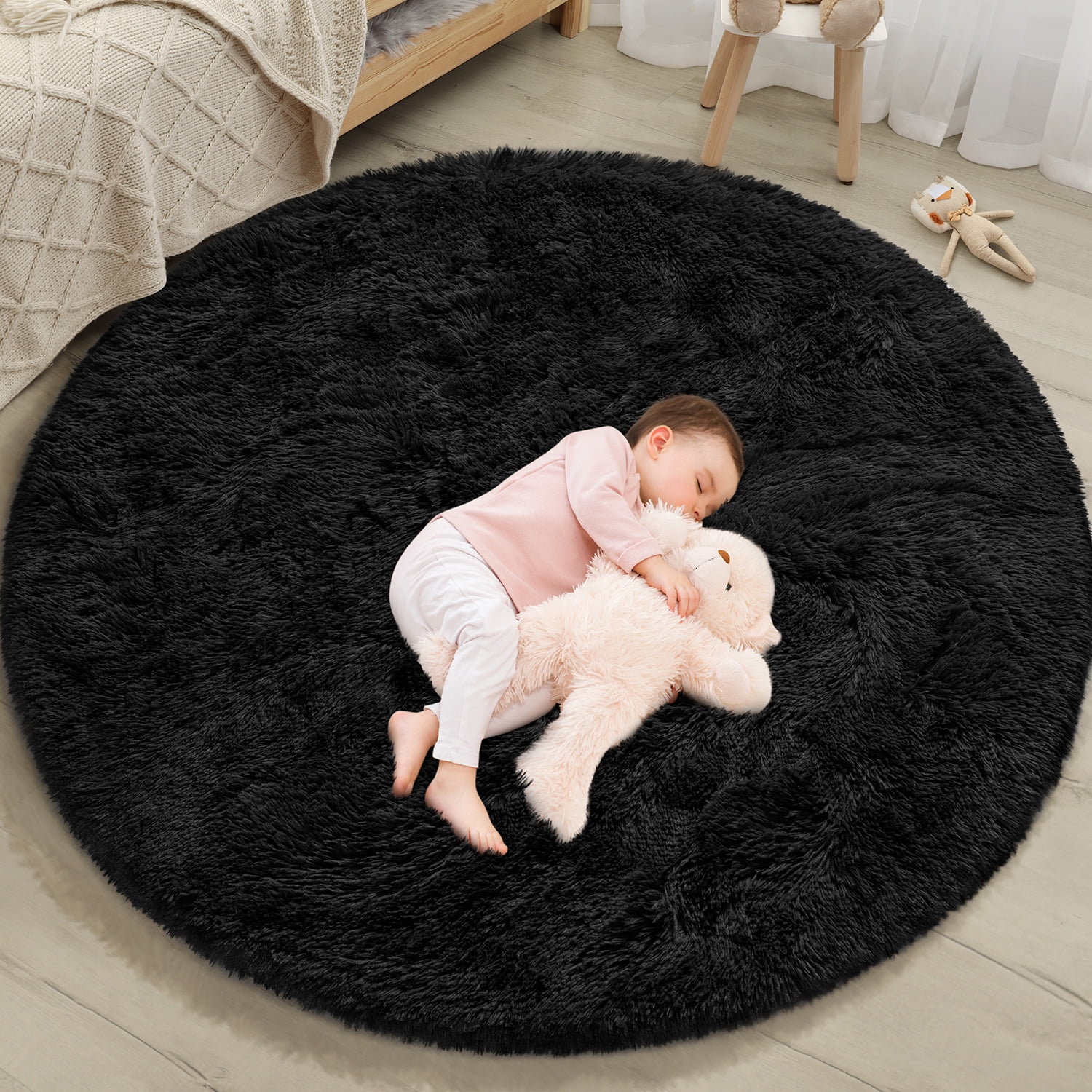 KIXINWA Black Round Rug for Kids Room, Fluffy Circle Rug for Bedroom ...