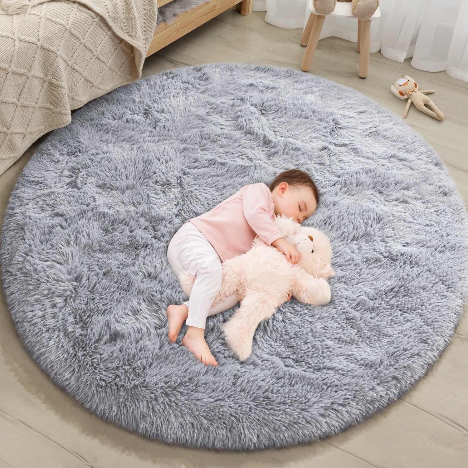 KIXINWA Grey Round Rug for Kids Room, Fluffy Circle Rug for Bedroom ...