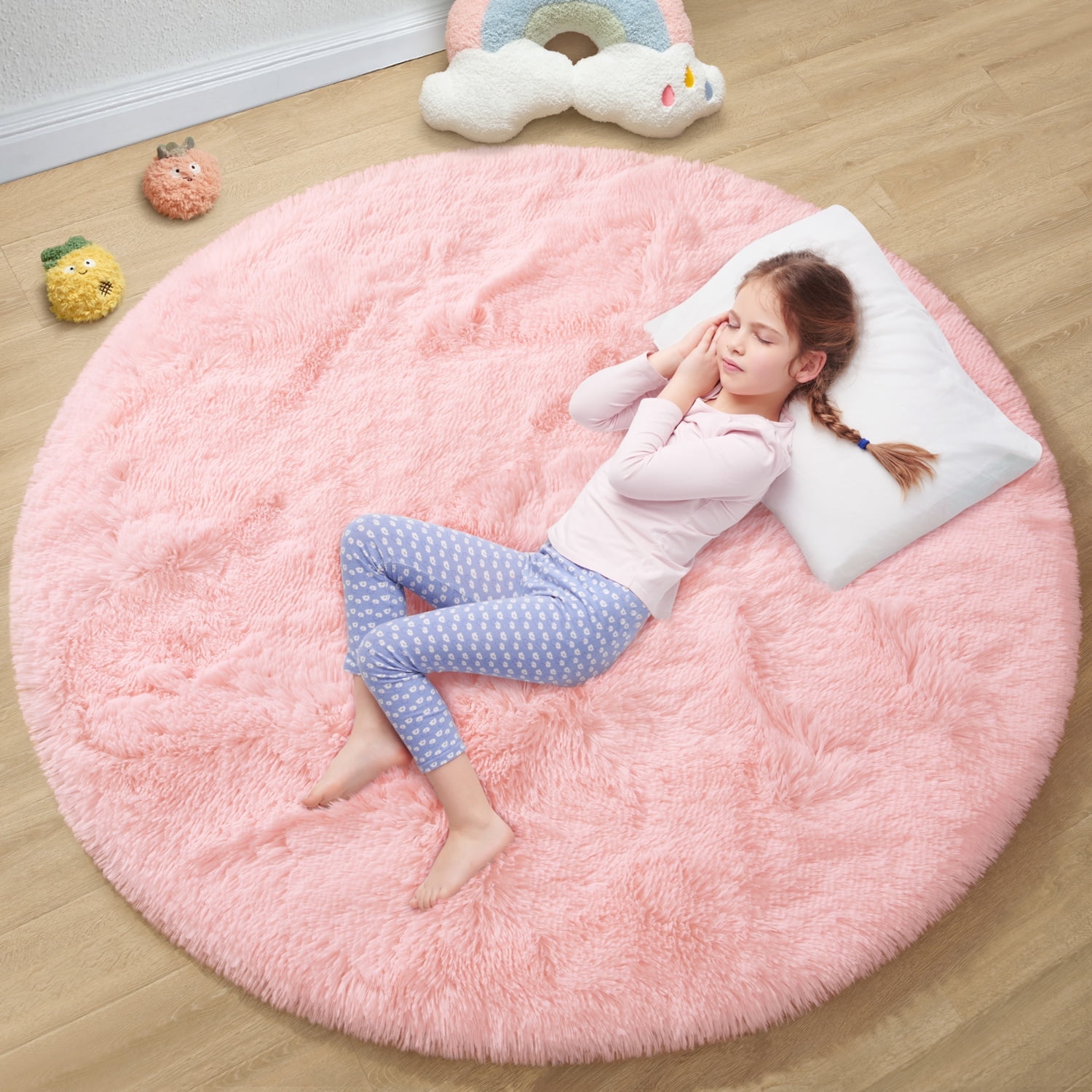 KIXINWA Pink Fluffy Circular Rug for Girls Bedroom 5x5 Feet Soft Plush ...