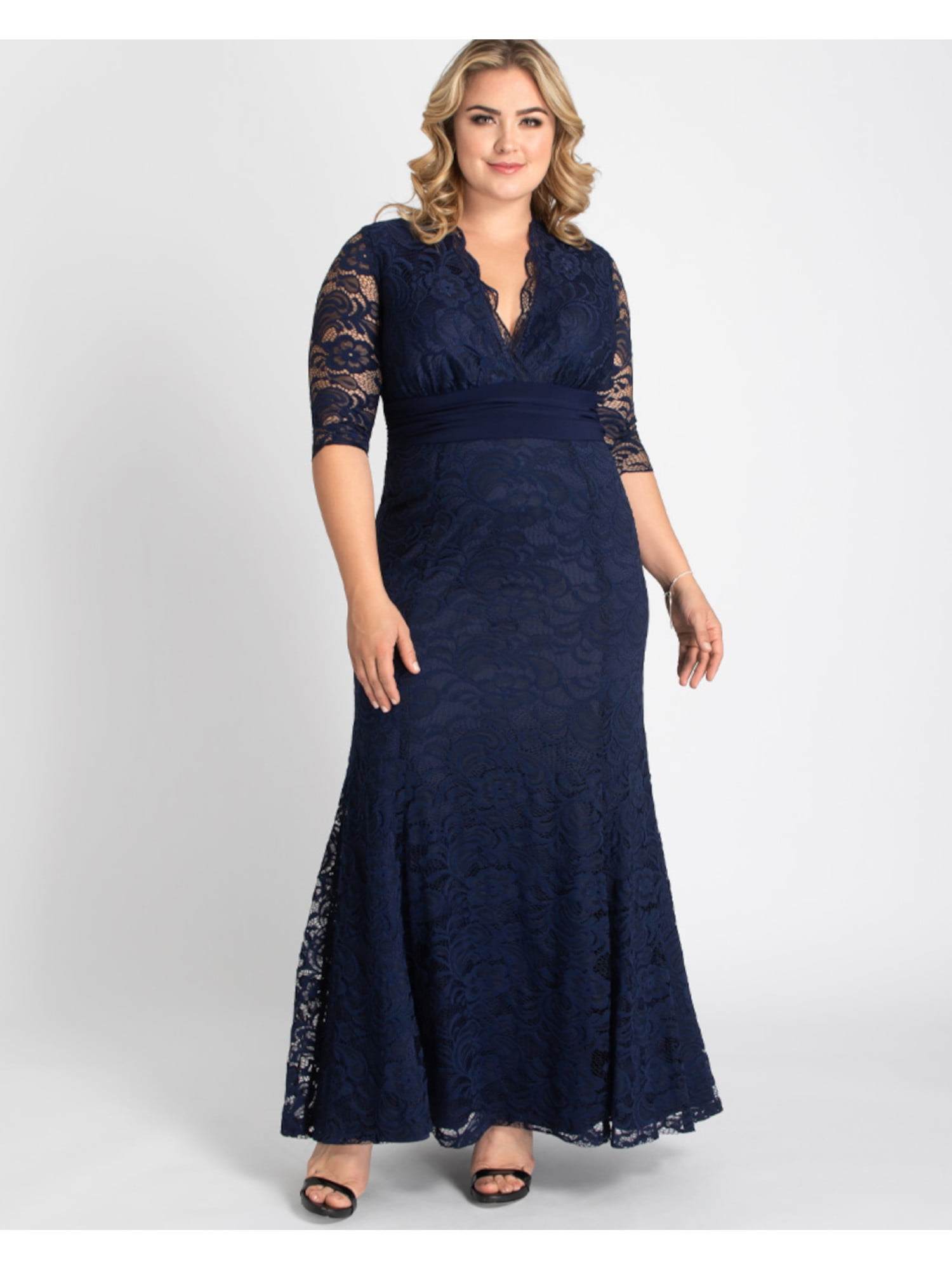 Kiyonna Womens Navy Stretch Scalloped Ruched Contrast Waistband