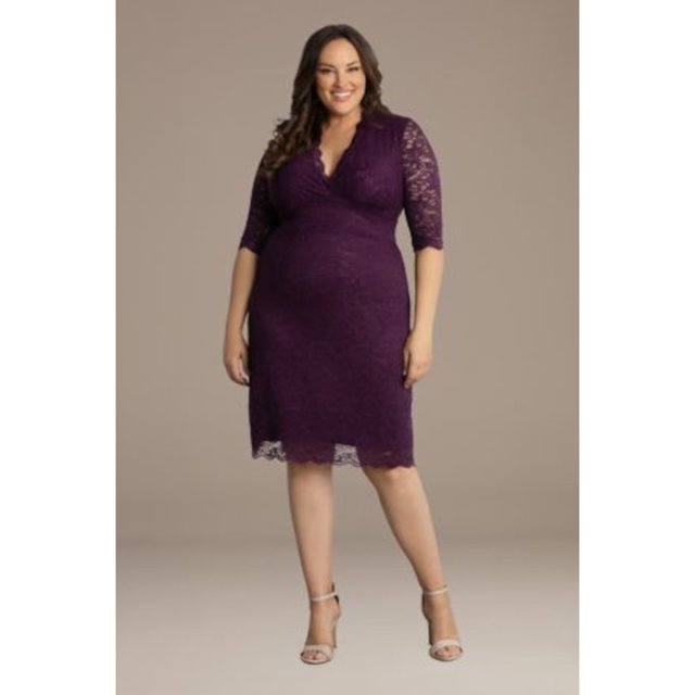 Kiyonna Womens Purple Stretch Scalloped Lace Lined 3 4 Sleeve Surplice