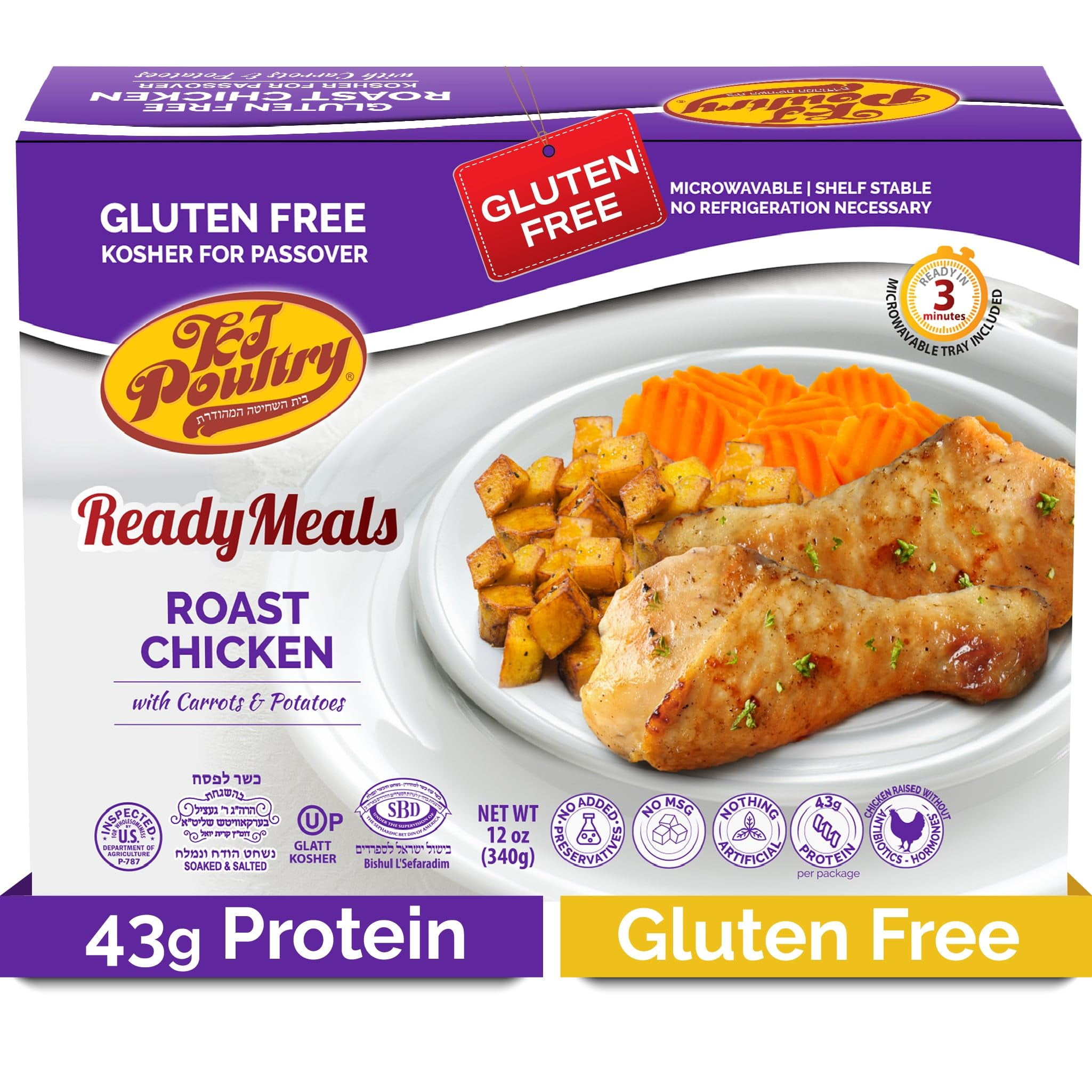 KJ Poultry Kosher AJH3 for Passover Gluten Free Meals, Roast Chicken with Potato & Carrots ...