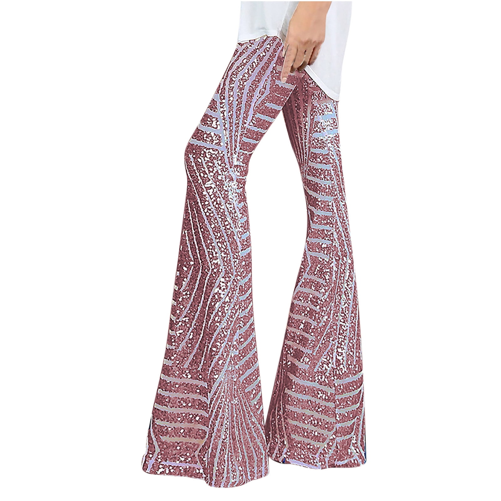 KJIUQ Womens High Waist Sequin Sparkle Flared Pants Wide Leg Bell ...