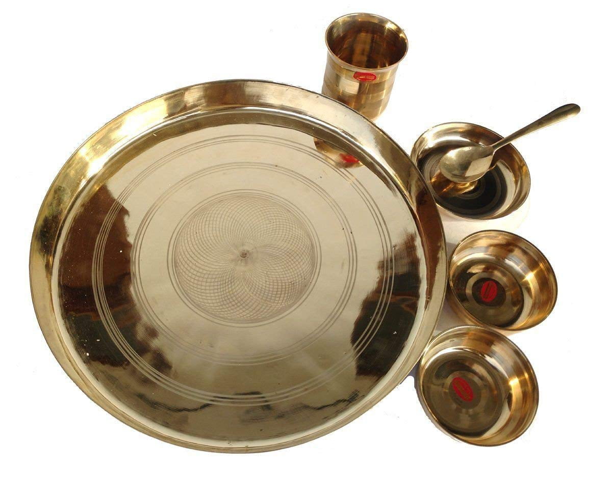 KK Once Copper 6 PCs Set Bronze Kansya Thali Katori Bowl Dinner Plate ...