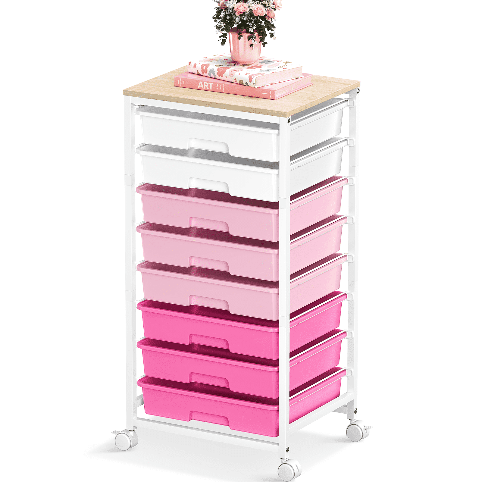 "KINGRACK Rolling Storage Cart with 8 Drawers, Wooden Tabletop, Pink ...