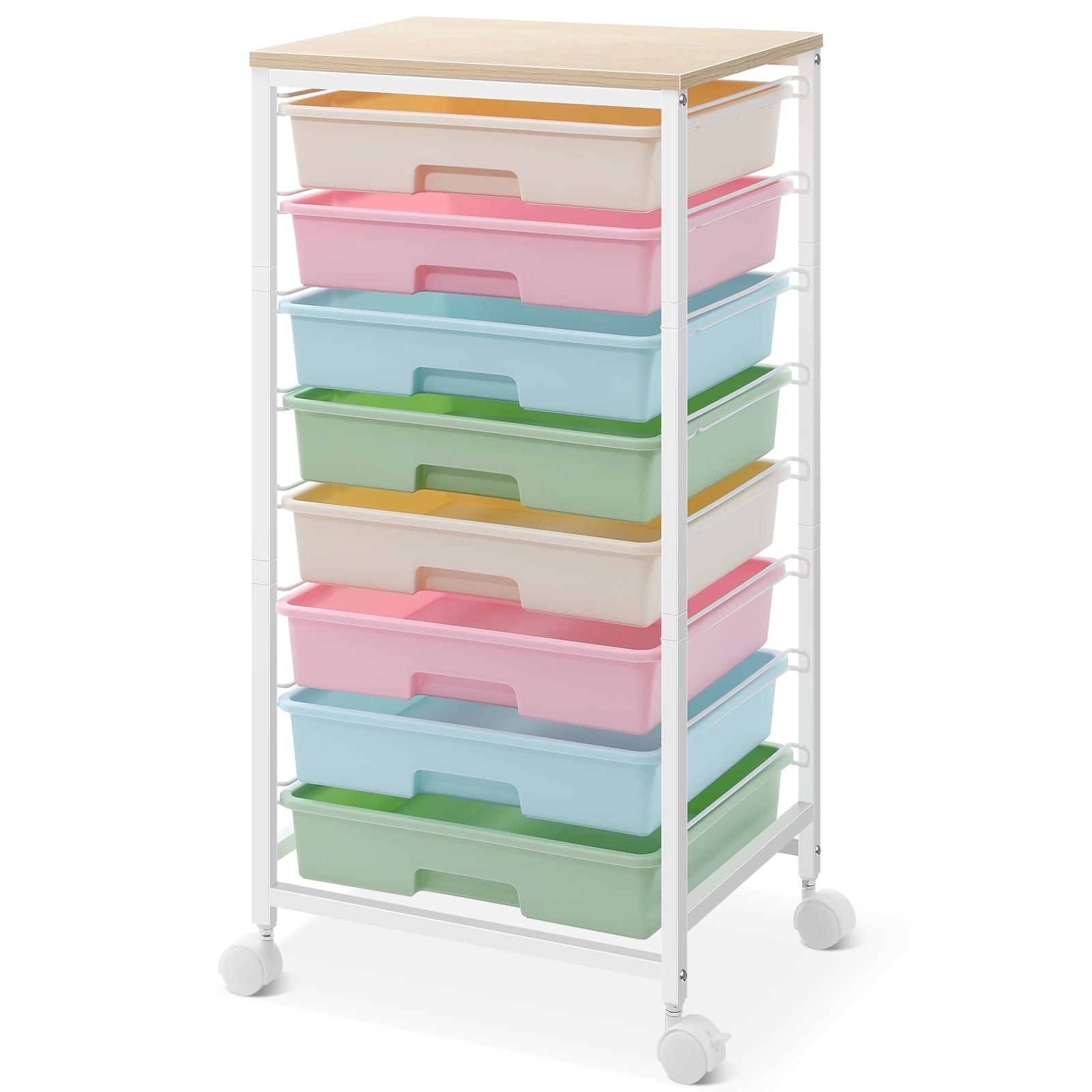 KINGRACK Storage Rolling Drawer Cart with 8 Plastic Drawers, Wooden ...