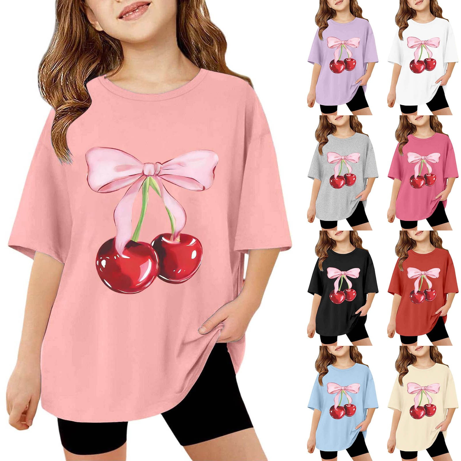 KKBOTIVE Girl's Bow Cherry Graphic Tees Short Sleeve Crewneck Cute T ...