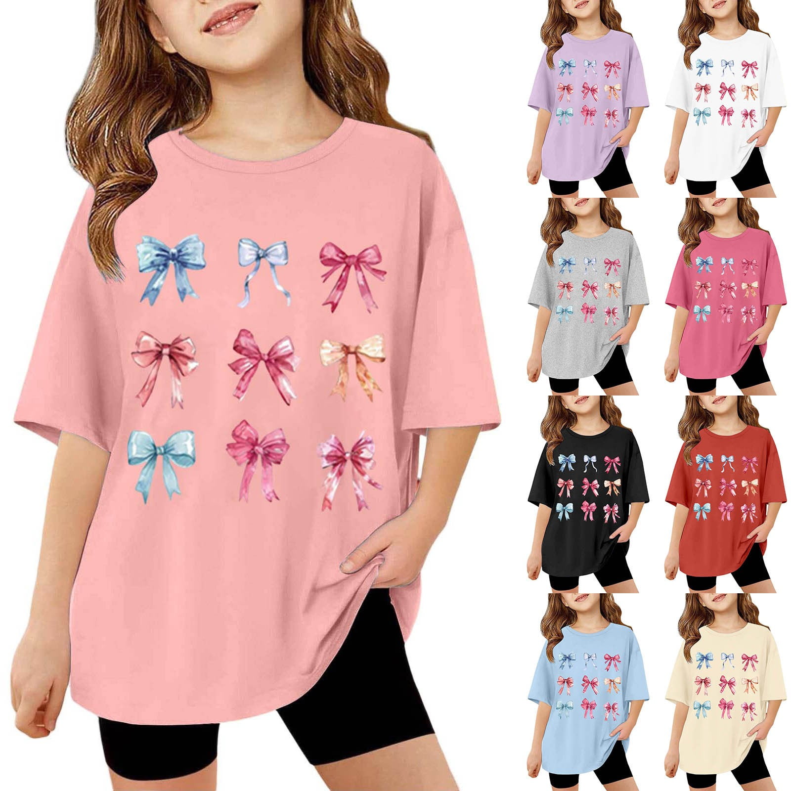 KKBOTIVE Girl's Bow Cute Graphic Tees Short Sleeve Preppy Summer T Shirt Aesthetic Baggy Tops ...