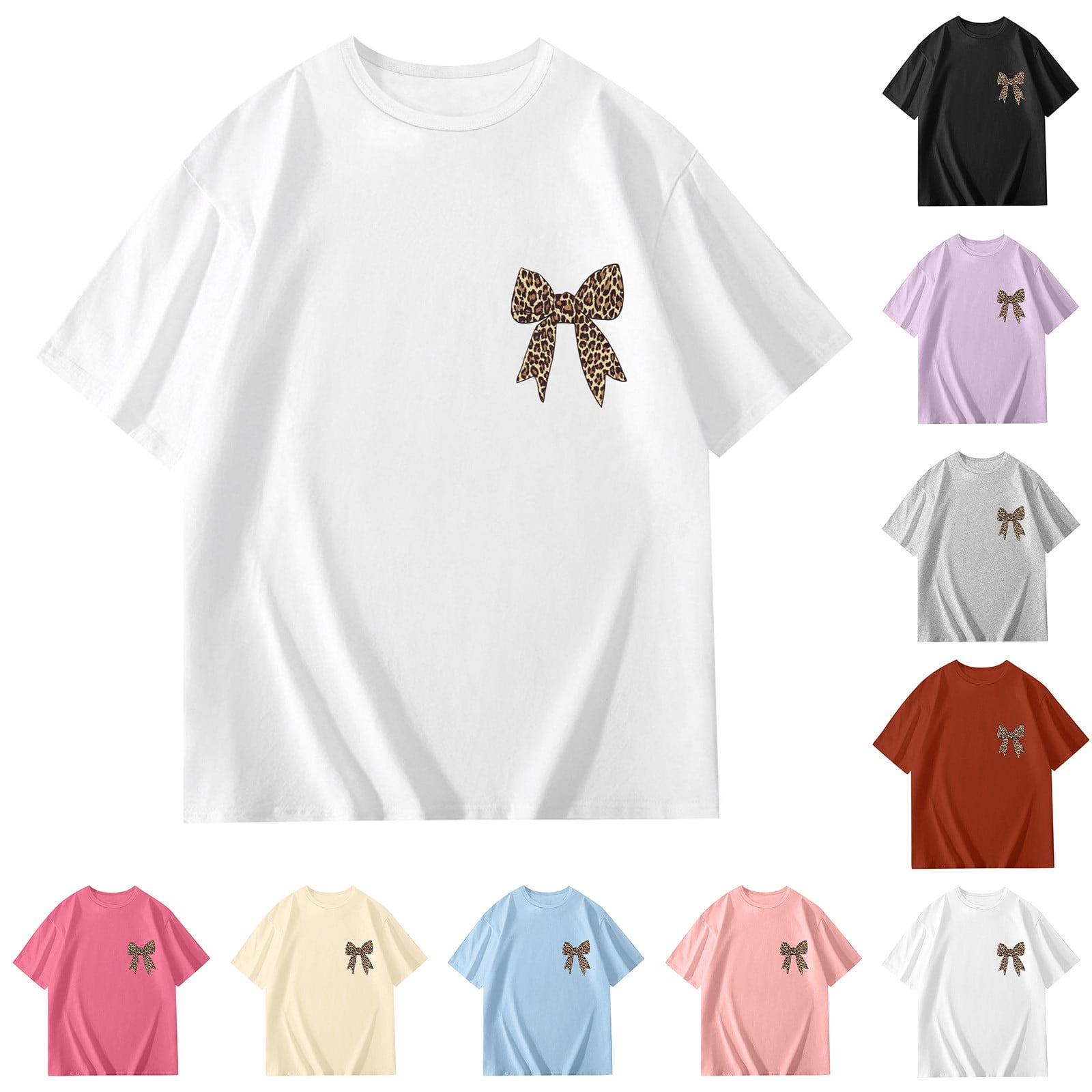 KKBOTIVE Girl's Bow Leopard Graphic Tees Short Sleeve Preppy Summer T ...