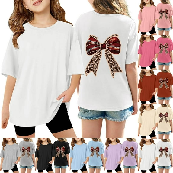 KKBOTIVE Girl's Bow Leopard Graphic Tees Short Sleeve Preppy Summer T ...