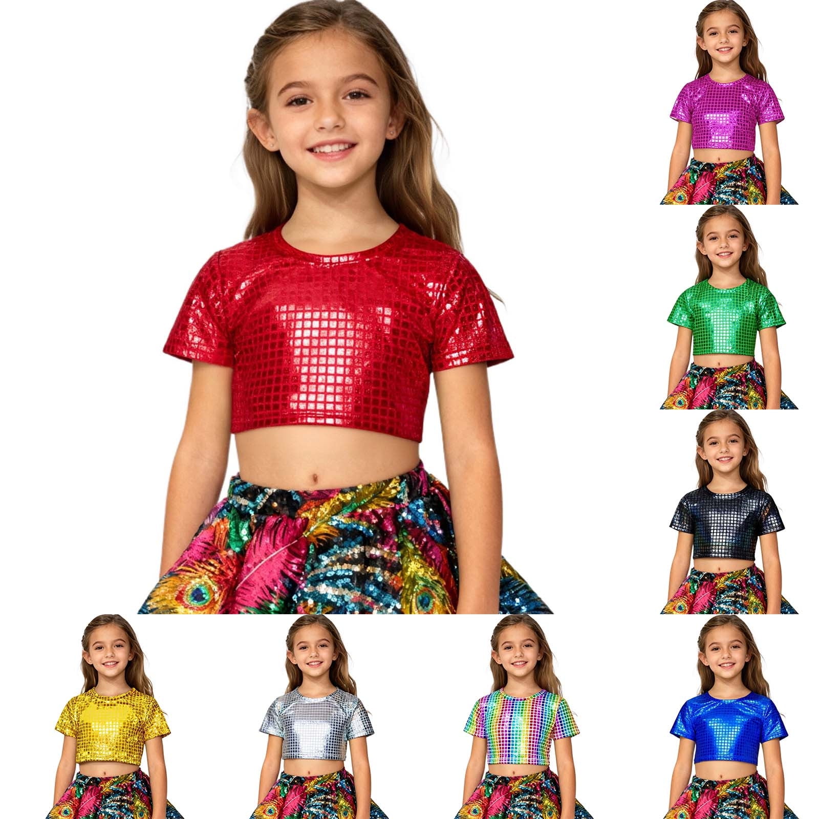KKBOTIVE Girls Carnival Short Sleeve Sequin Shirts Party Glitter ...