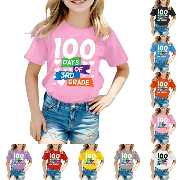 KKBOTIVE Girls Short Sleeve Shirt Casual Crew Neck Tees Letter Printed ...