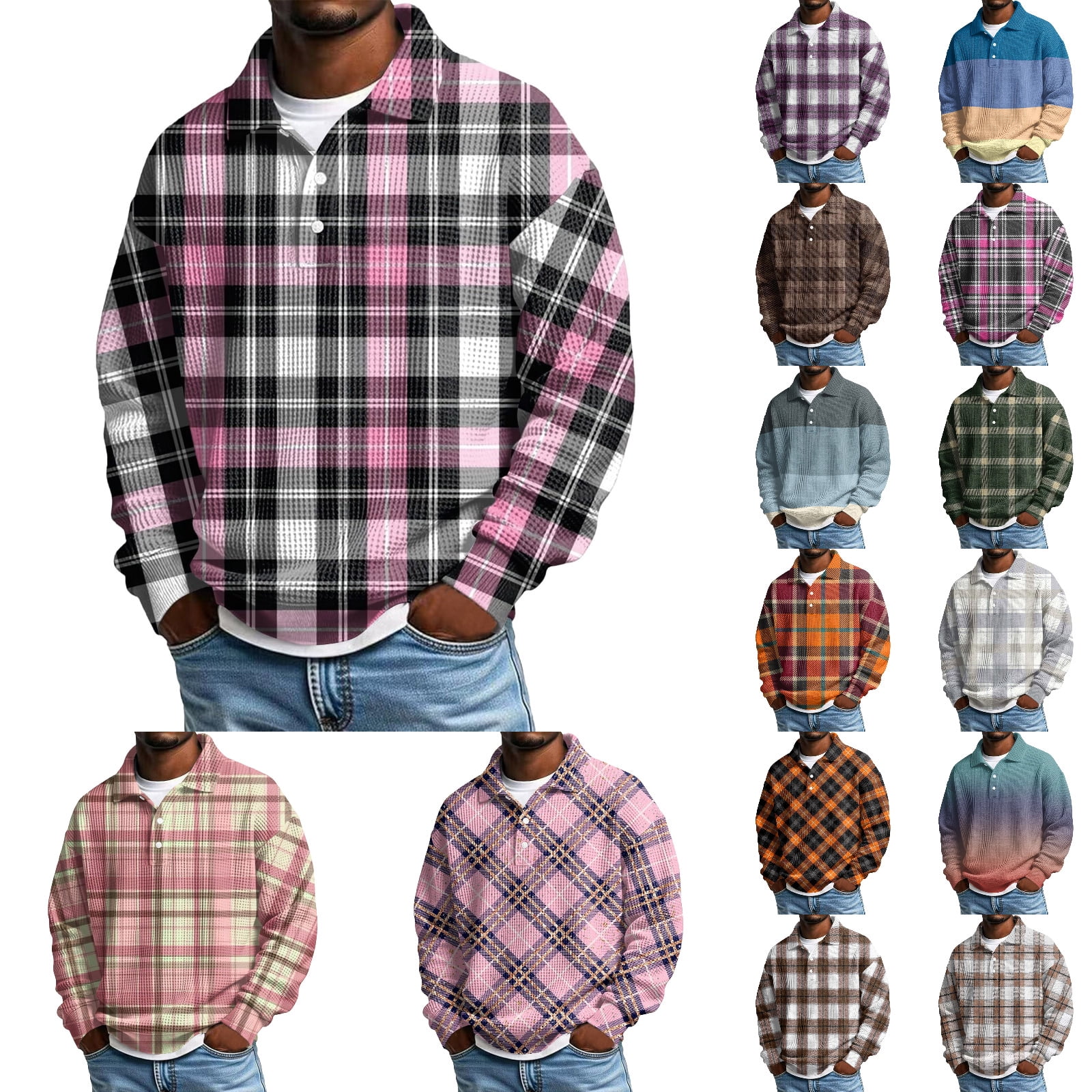 KKBOTIVE Mens Knit Polo Sweater Long Sleeve Polos Shirt Plaid Button ...