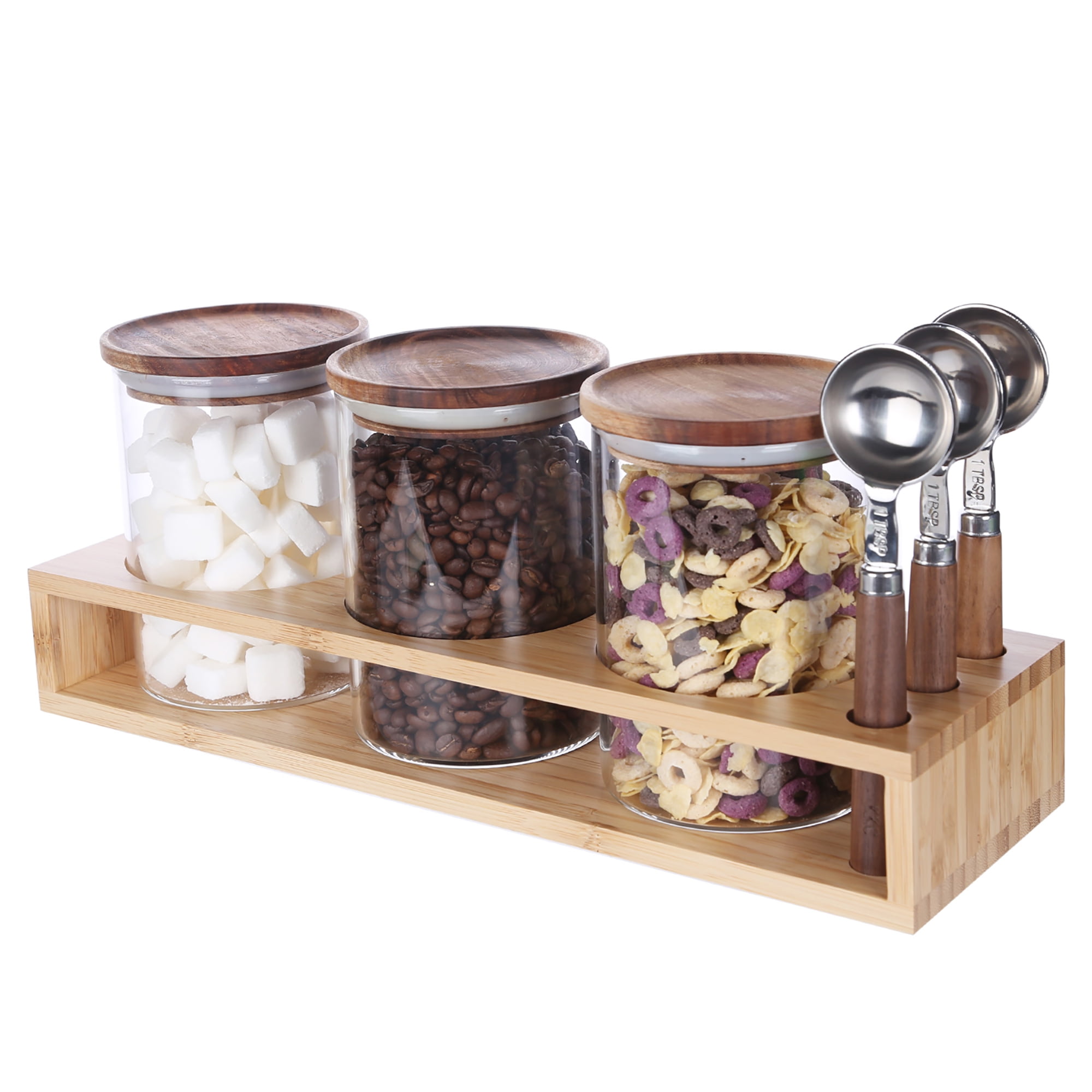 KKC Airtight Glass Tea Storage Jar Set, Food Canisters with Wood Lids ...
