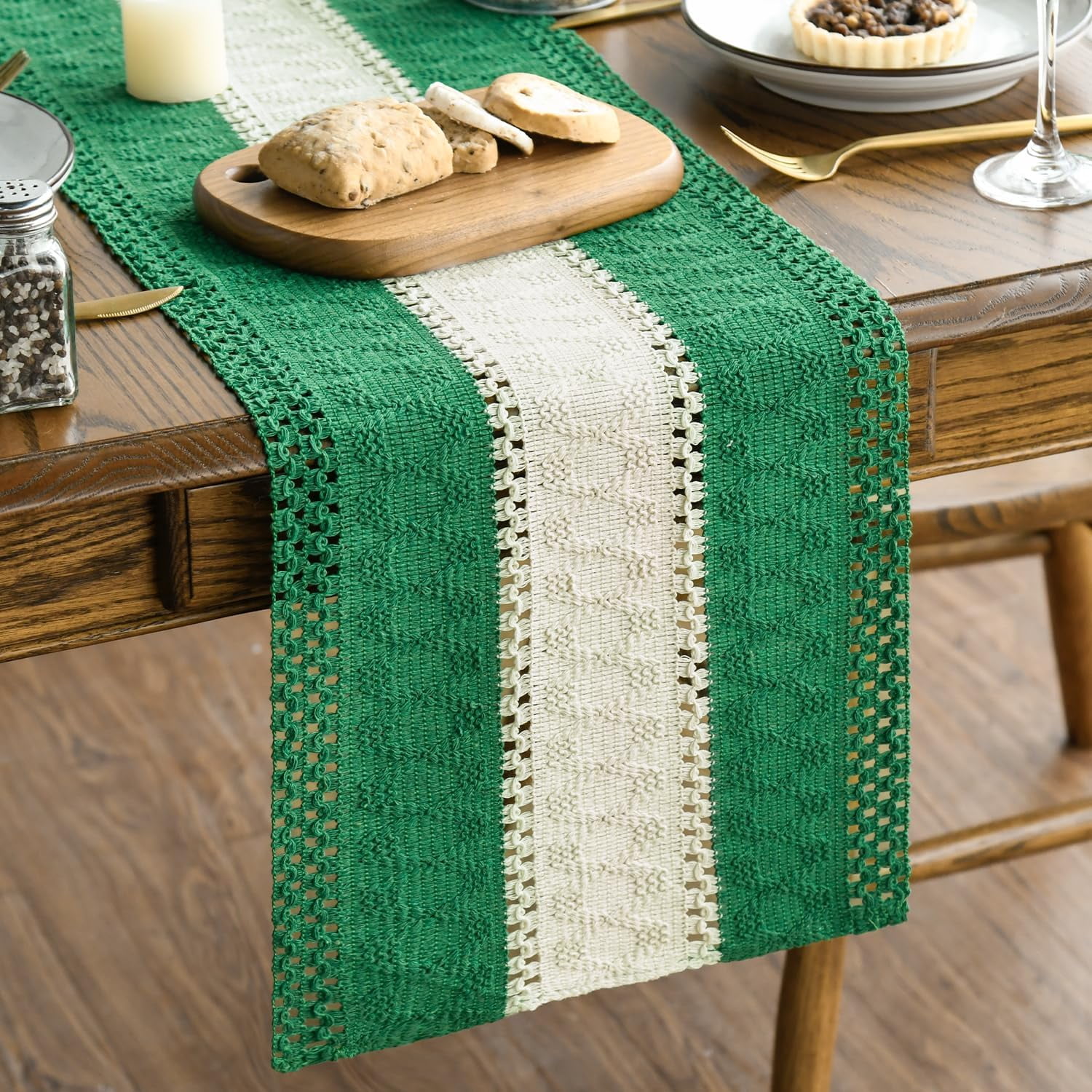 KKFEN-Dark Green Farmhouse Rustic Table Runner, Seasonal Hollow Kitchen ...
