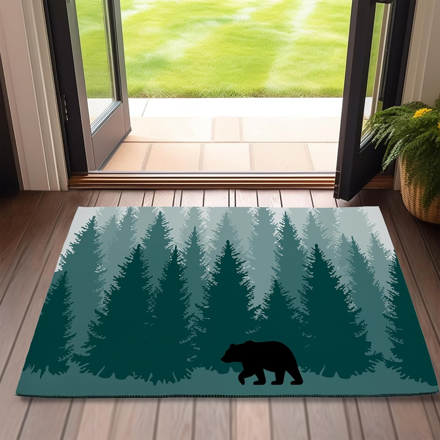 KKFEN-Door Mat,Forest Bear Front Doormats 17''x30'',Foggy Green Trees ...