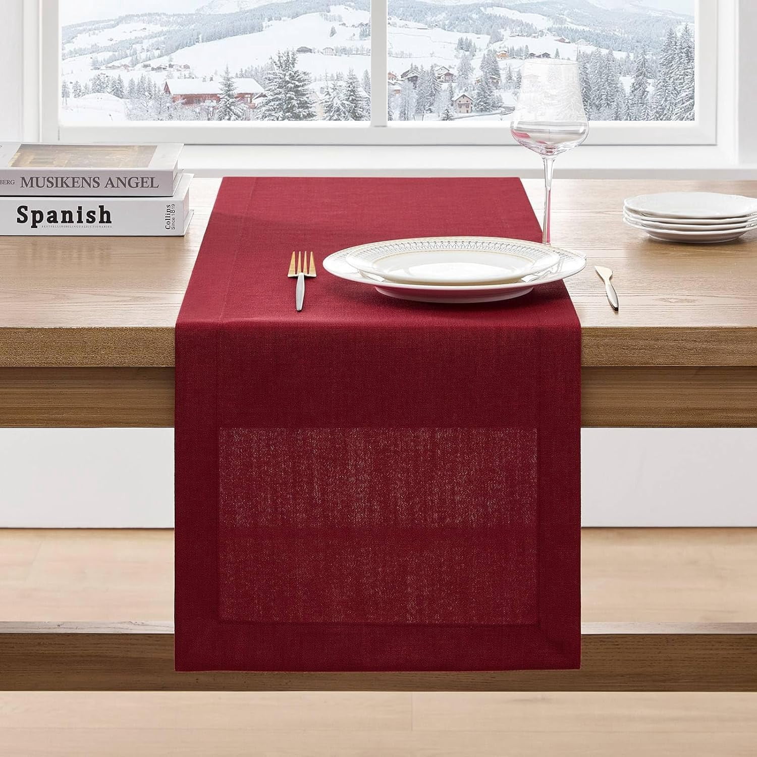 KKFEN-Linen Textured Border Table Runner, 14 x 90 Inch Red, Farmhouse ...