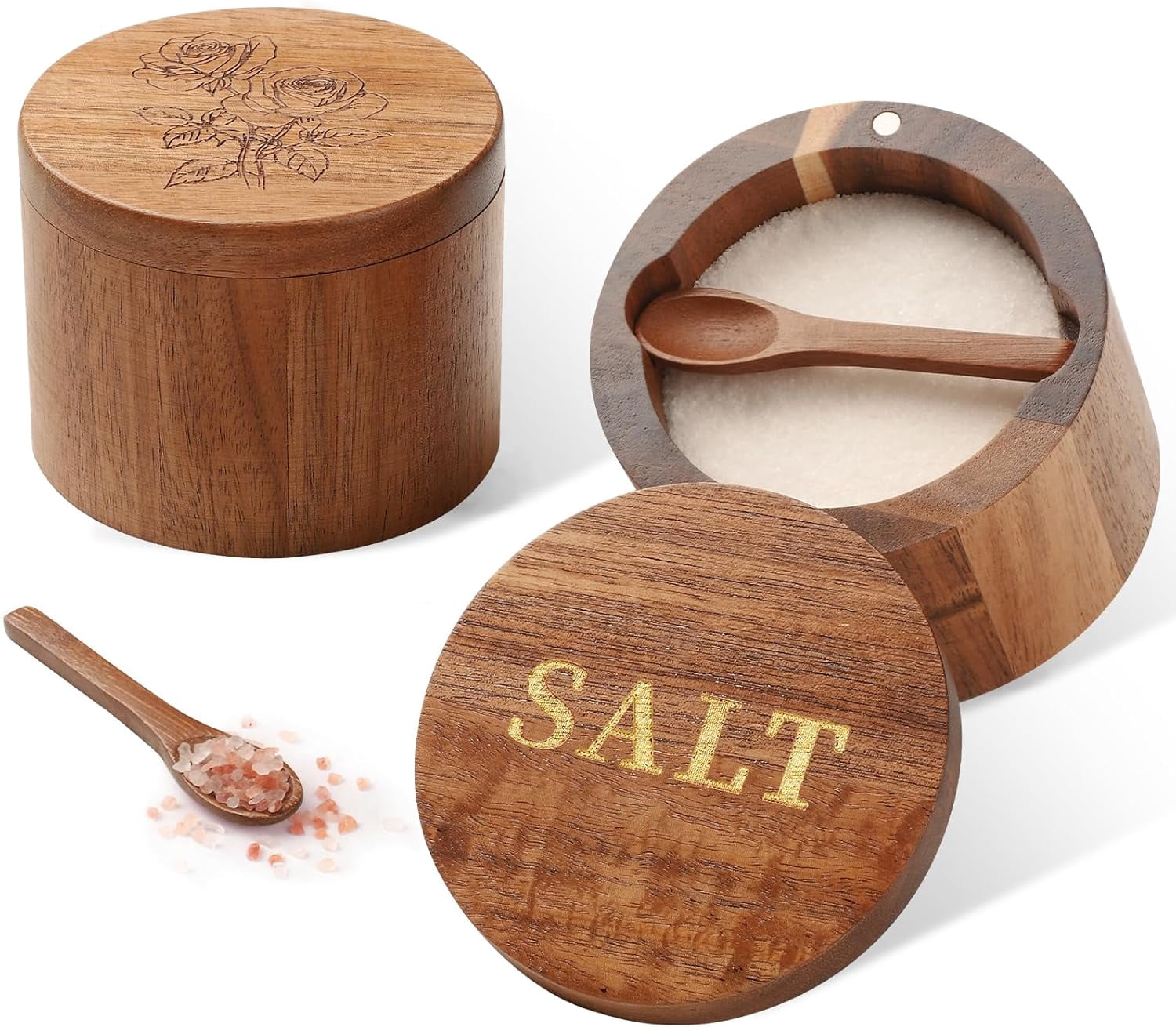 KKFEN-Salt Cellar, 2PCS Salt Container Acacia Wood Salt and Pepper Box ...